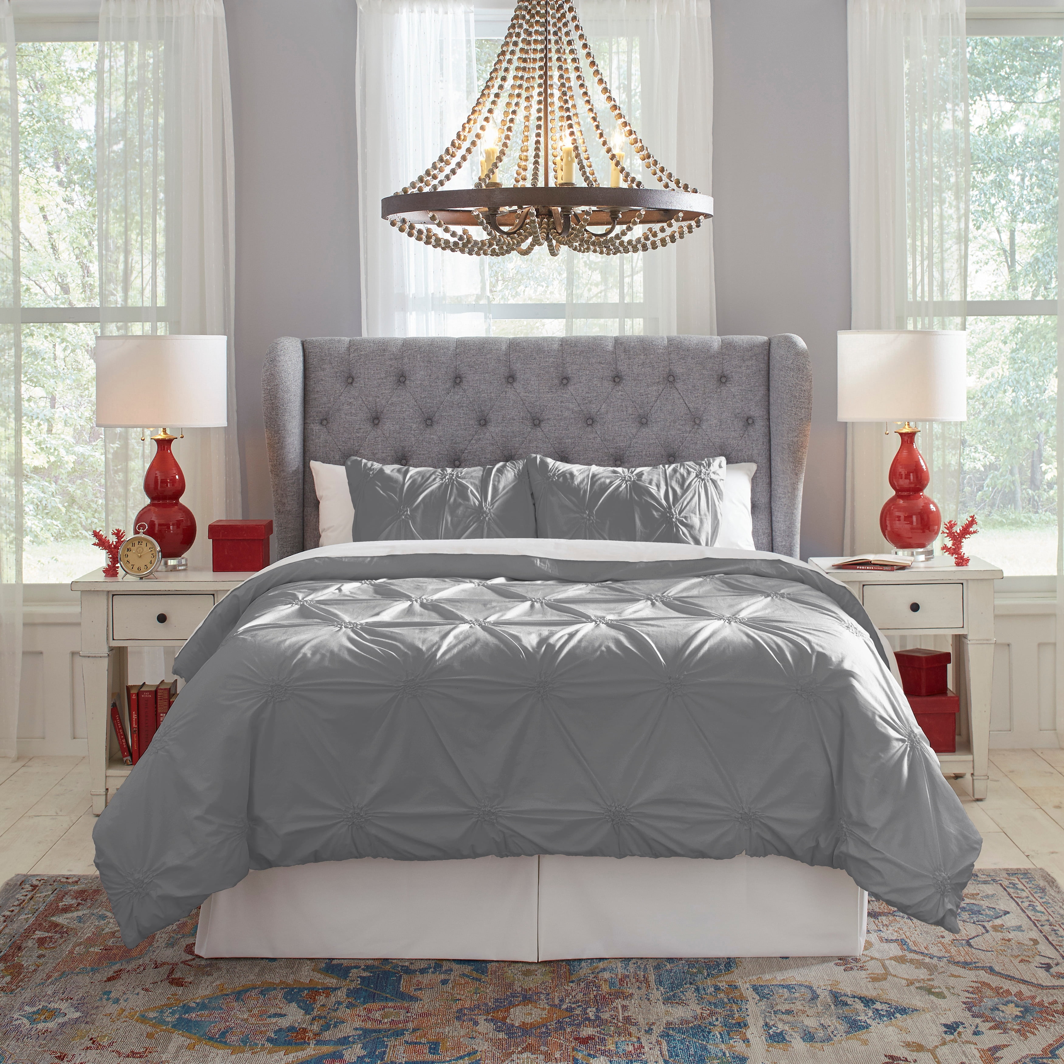 Pointehaven 200TC Cotton Knotted Pintuck Duvet Set Grey Twin - Twin XL ...