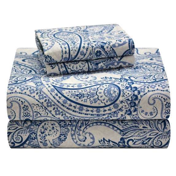 Pointehaven Boho Paisley Blue Combed Cotton Percale Printed 4 pc Sheet ...