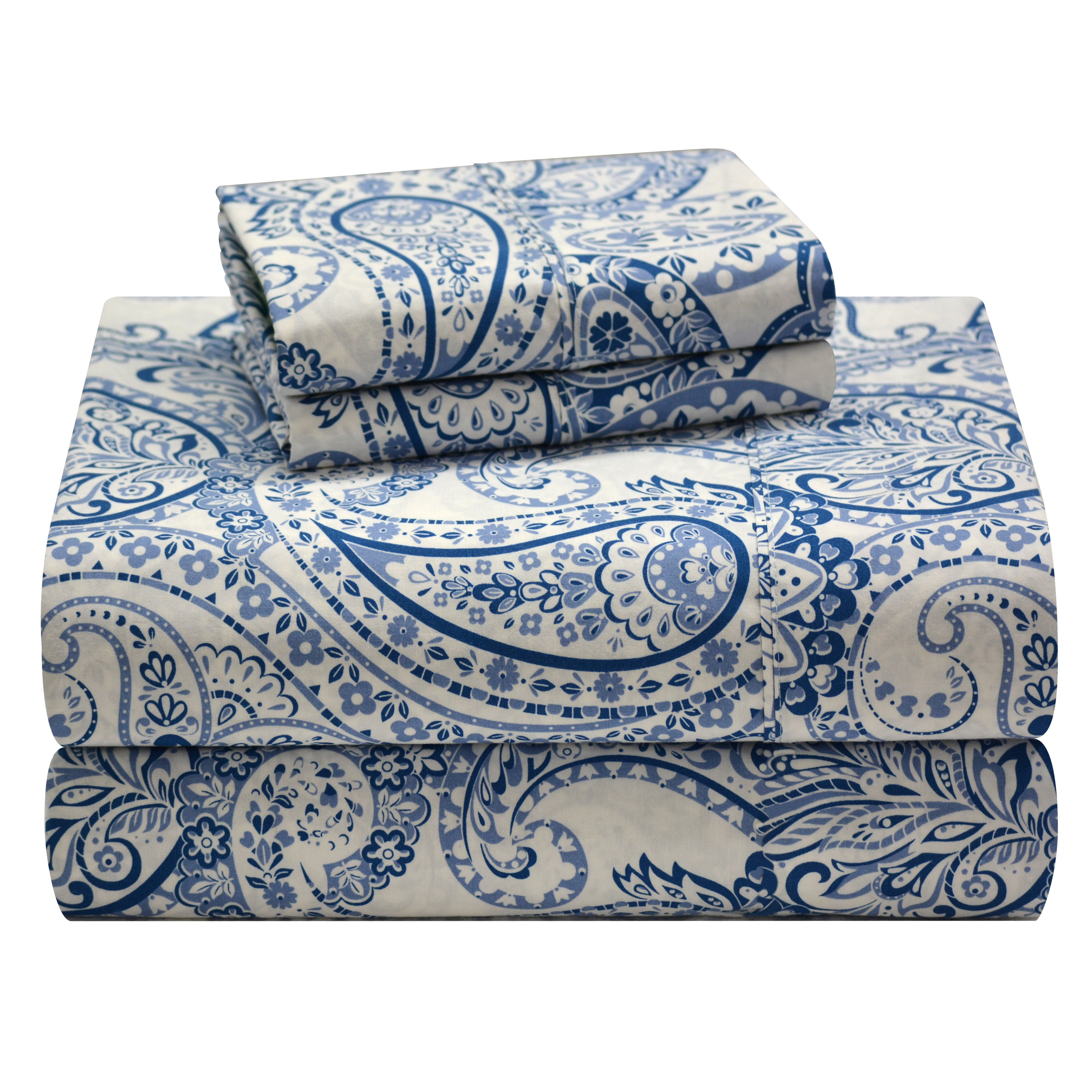Pointehaven 200TC Percale Boho Paisley Blue Cotton Sheet Set, Queen, 4 ...