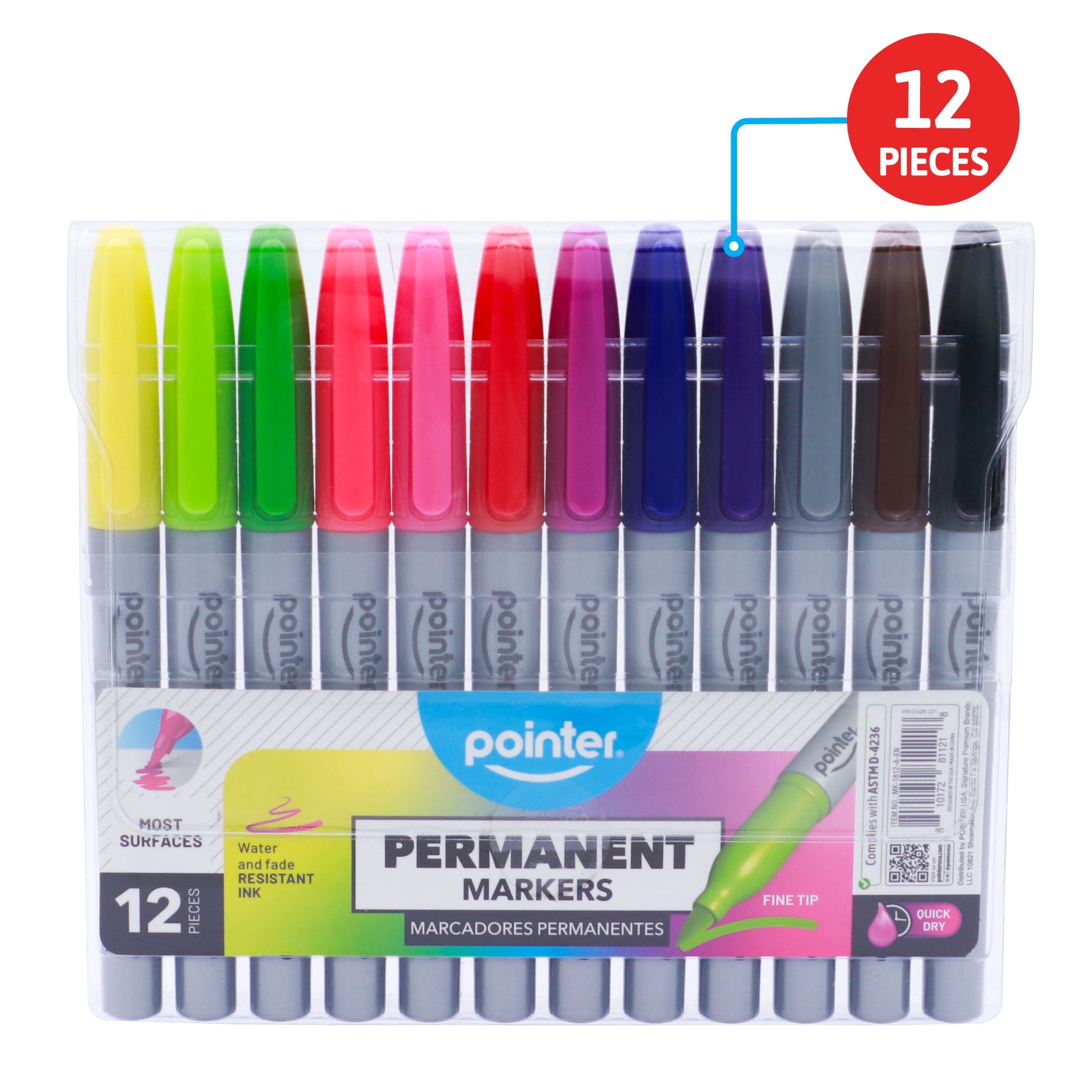 Pointer Permanent Markers, Fine Tip, Assorted Colors, 12 Count ...
