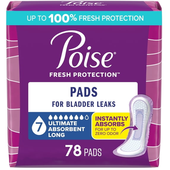Poise Incontinence Pads for Women, Ultra Absorbency, 7-Drop, Long, 78 ...