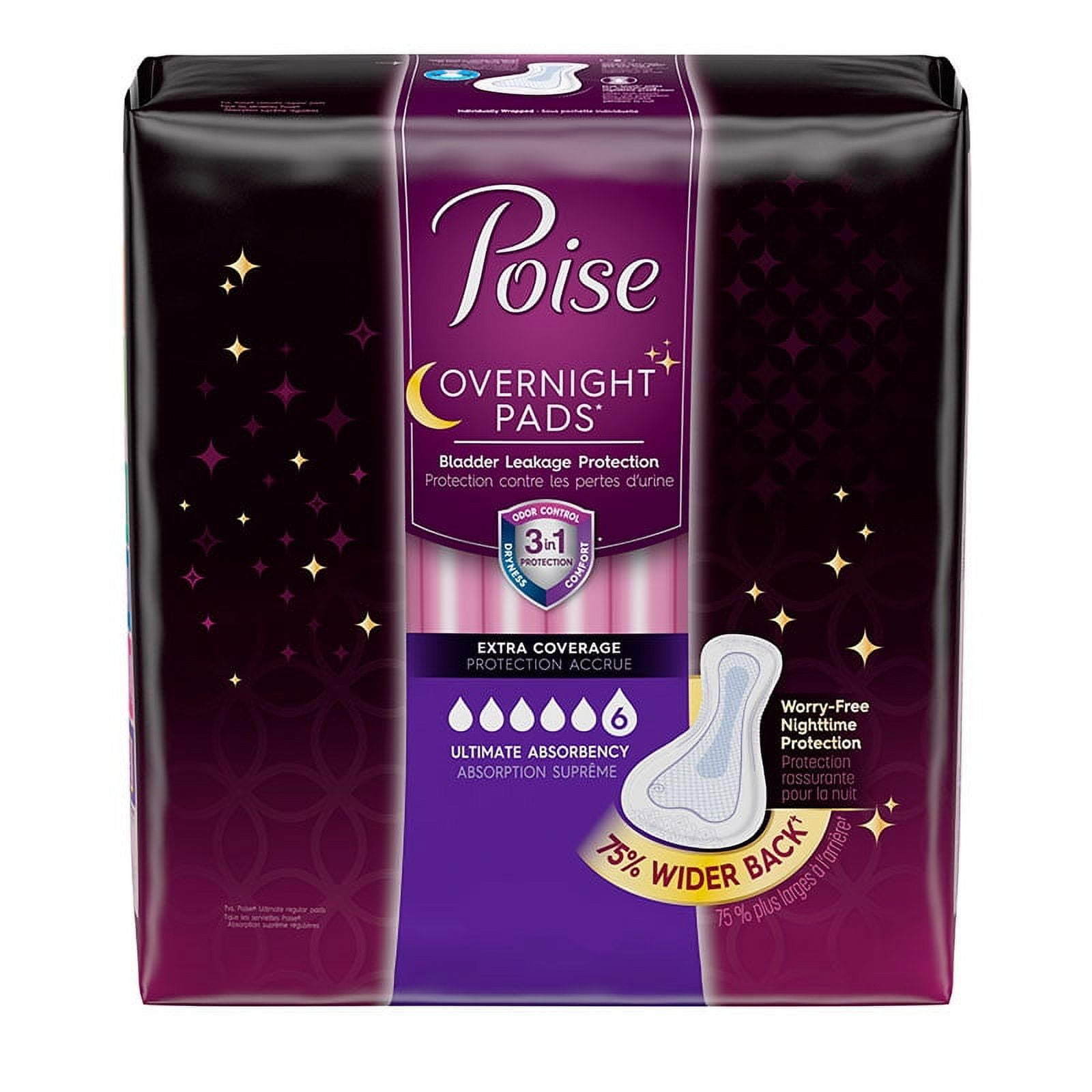 "Poise Overnight Incontinence Pads, Ultimate Absorbency, Extra Coverage ...