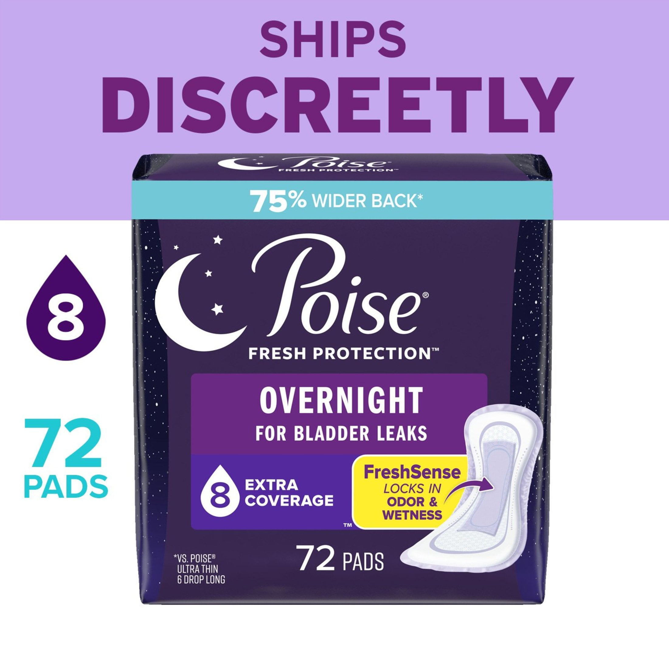Poise Overnight Incontinence Pads for Women, 8 Drop Extra Coverage, 72 ...