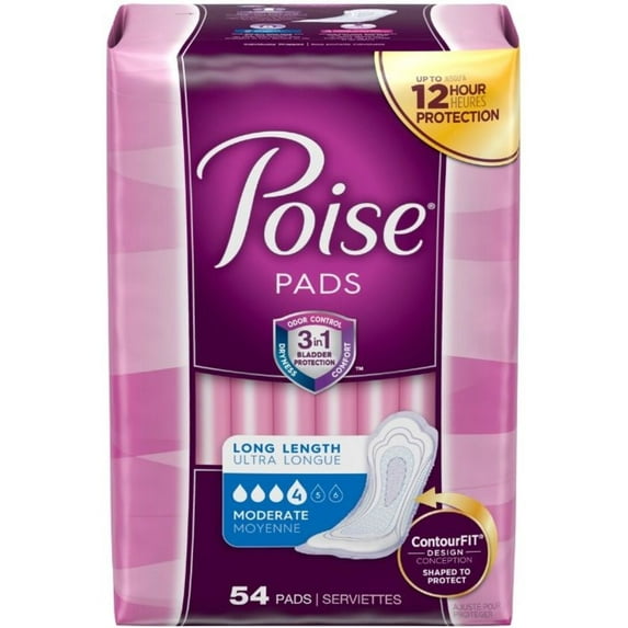 Poise Pads Moderate Absorbency, Long Length Protection, 54 ea (Pack of ...