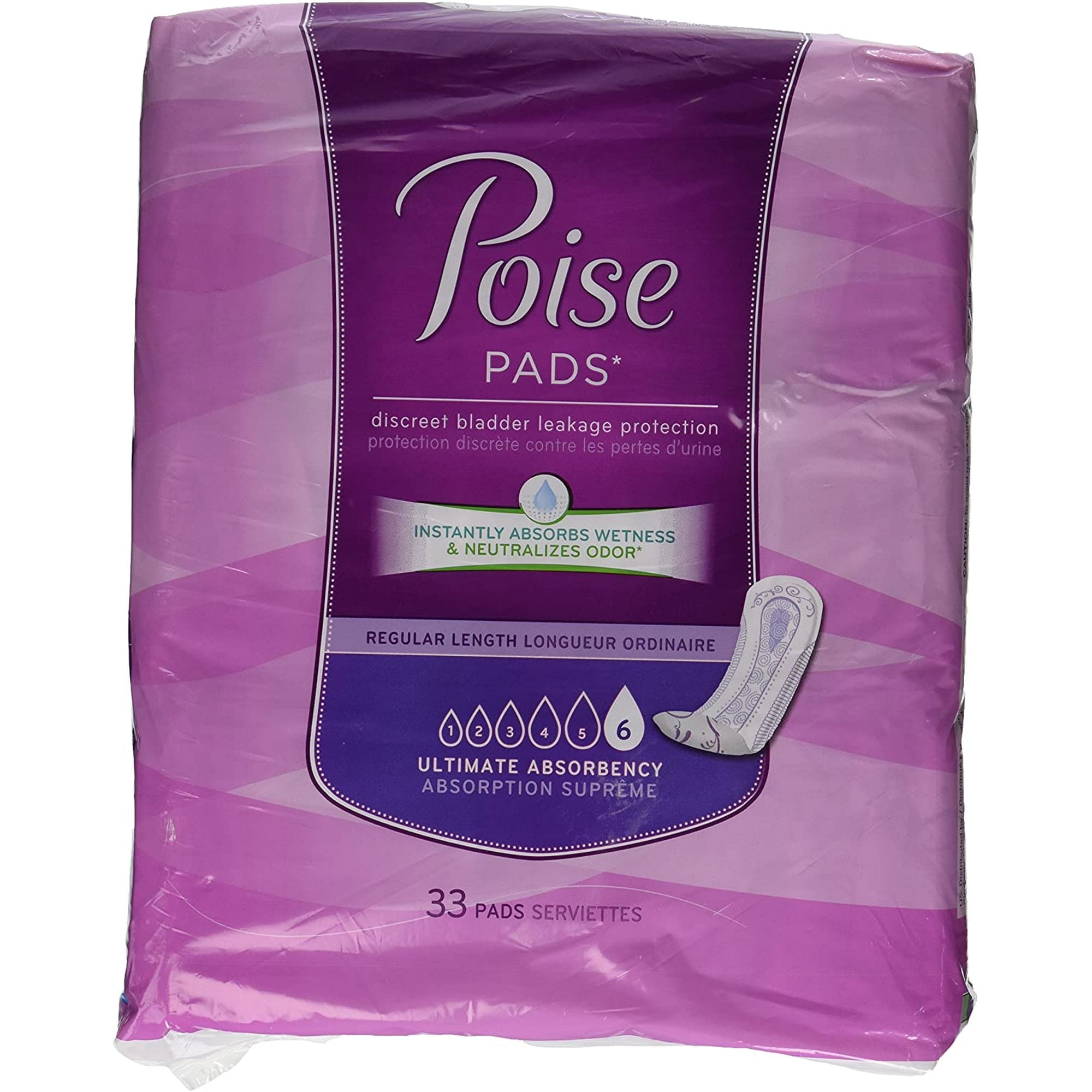 Poise Ultimate Absorbency Regular Length Pads, 33 Count, 15.6 in, 10 oz ...
