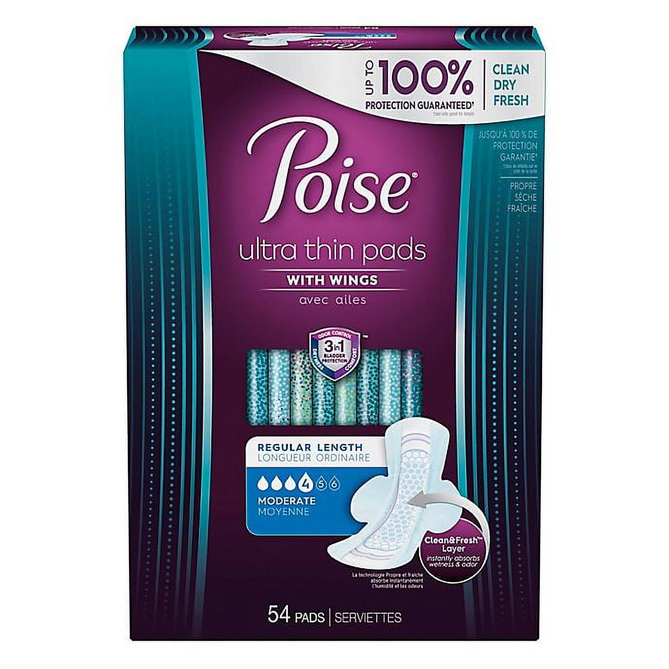 Poise Ultra Thin Pads, Moderate Absorbency, with Wings, 54 Count ...