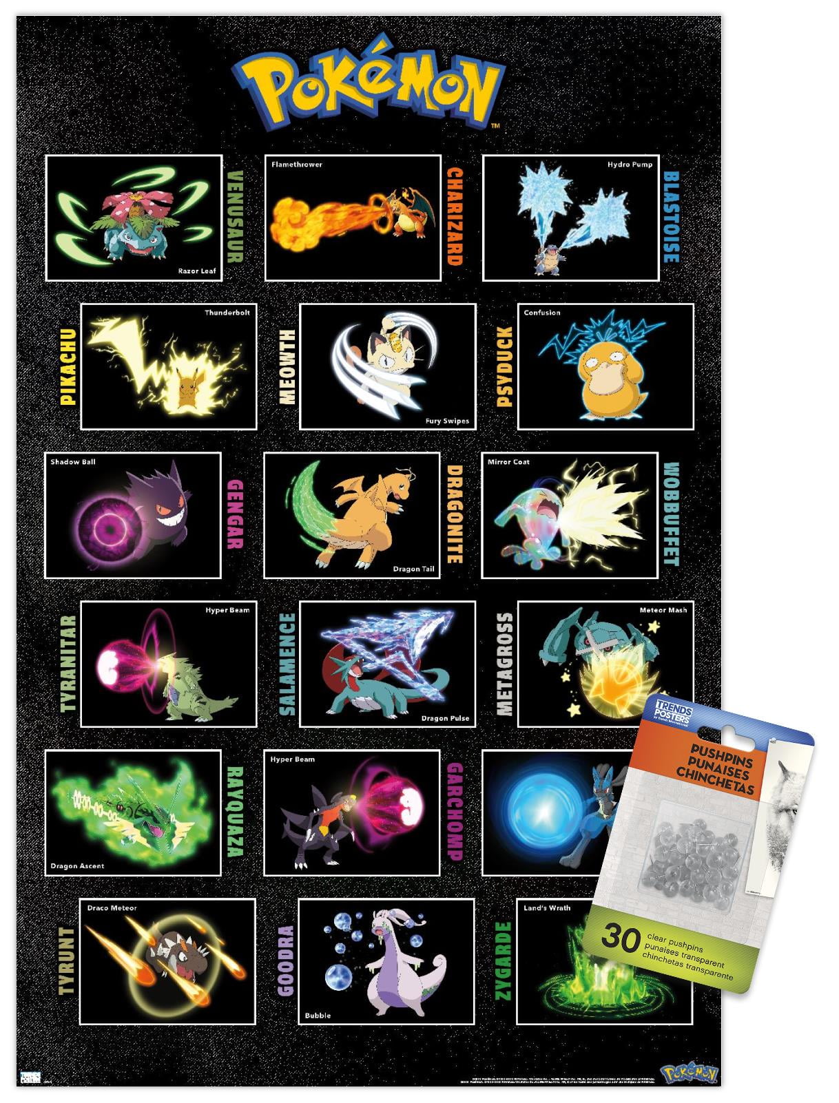Pokemon - Moves Grid Wall Poster with Push Pins, 14.725" x 22.375 ...