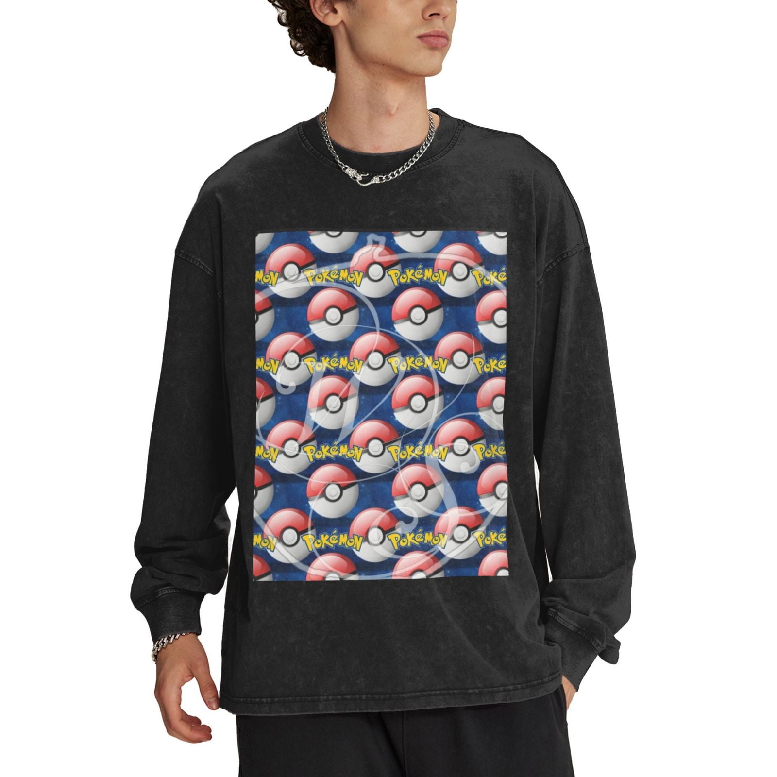 Pokémon Pikachu Ball598 Long Sleeve Shirt Men's Heavy Weight Crew Neck ...