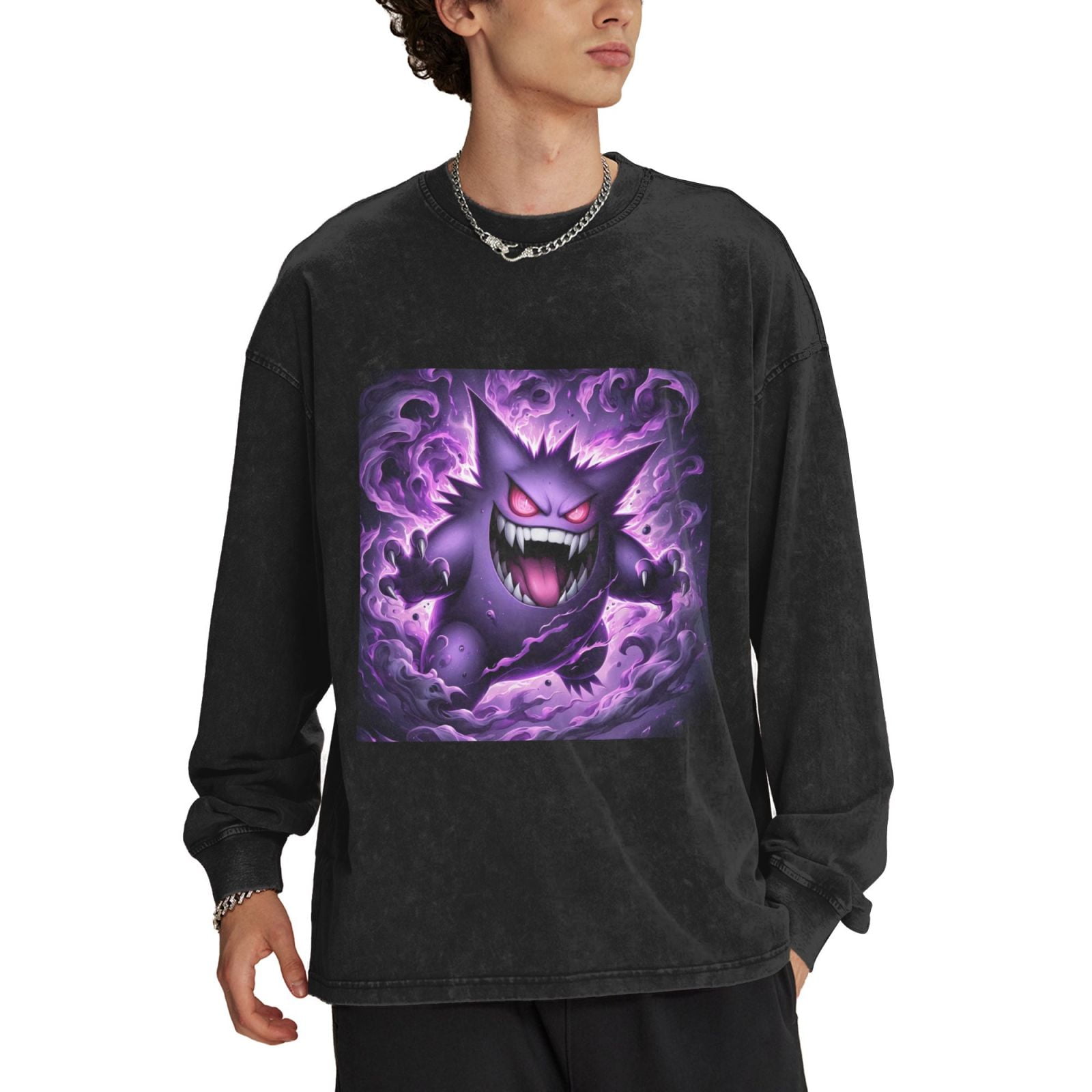 Pokémon Pikachu Gengar2 Long Sleeve Shirt Men's Heavy Weight Crew Neck Long Sleeve T Shirt ...