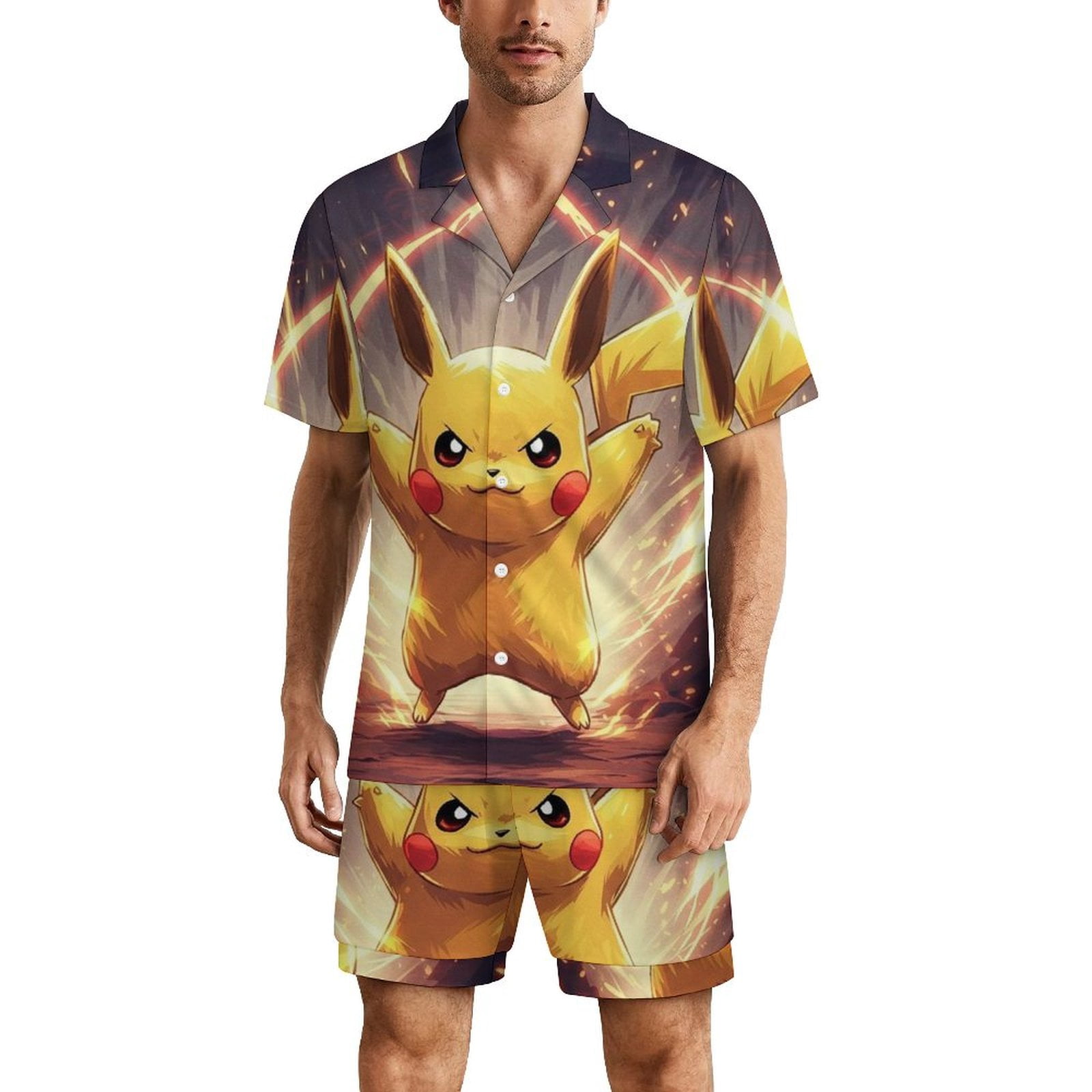 Pokémon Pikachu Outdoor Adventures Men's Ice Silk Satin Pajamas 2 Piece ...