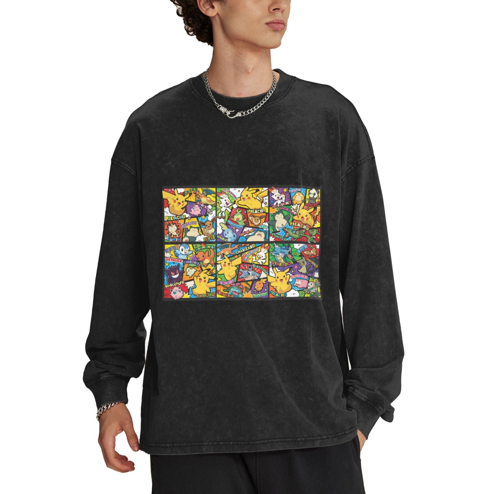 Pokémon-Pikachu Panels Long Sleeve Shirt Men's Heavy Weight Crew Neck ...