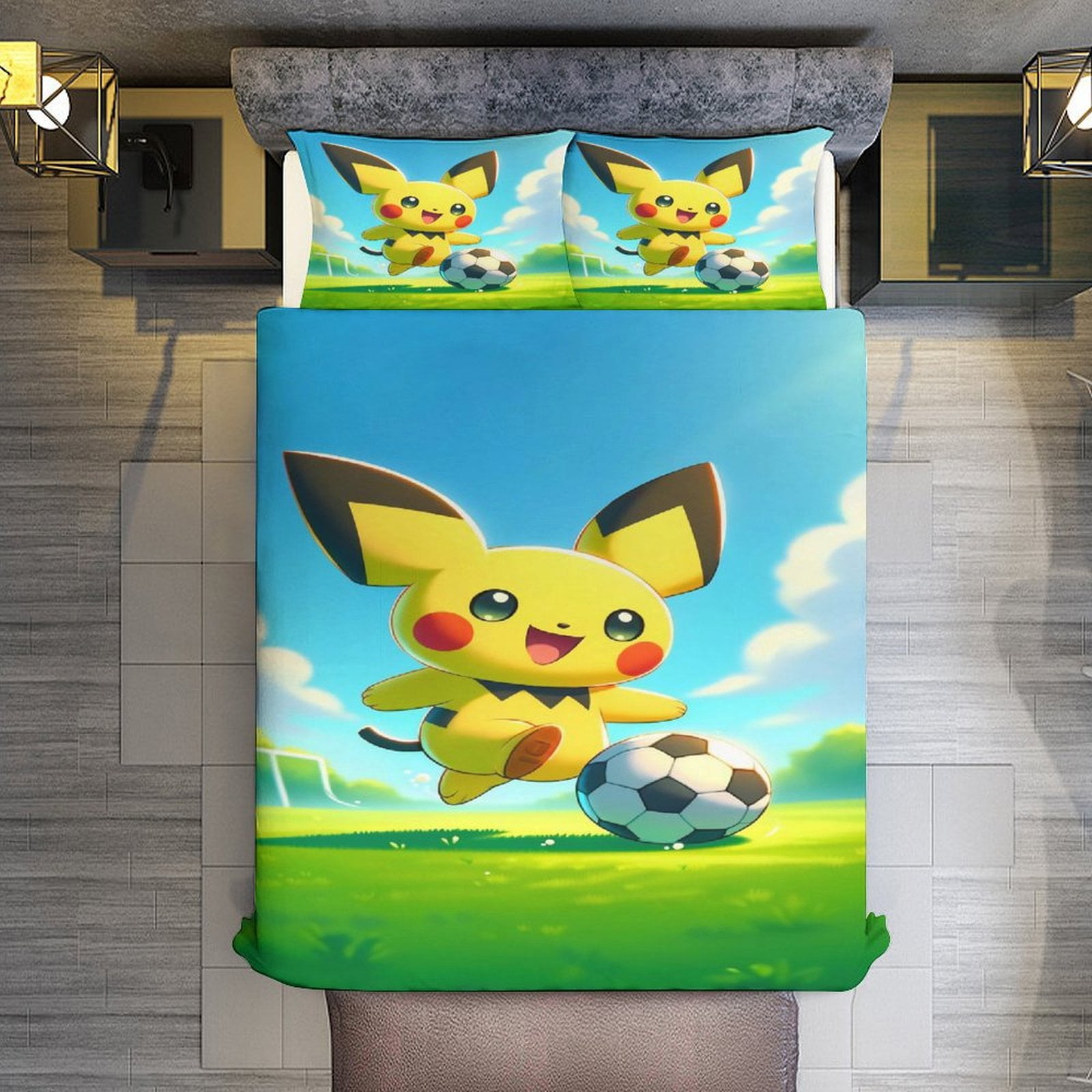 Pokémon-Pikachu Play Soccer Bedding Duvet Cover Queen Size for Kids and ...