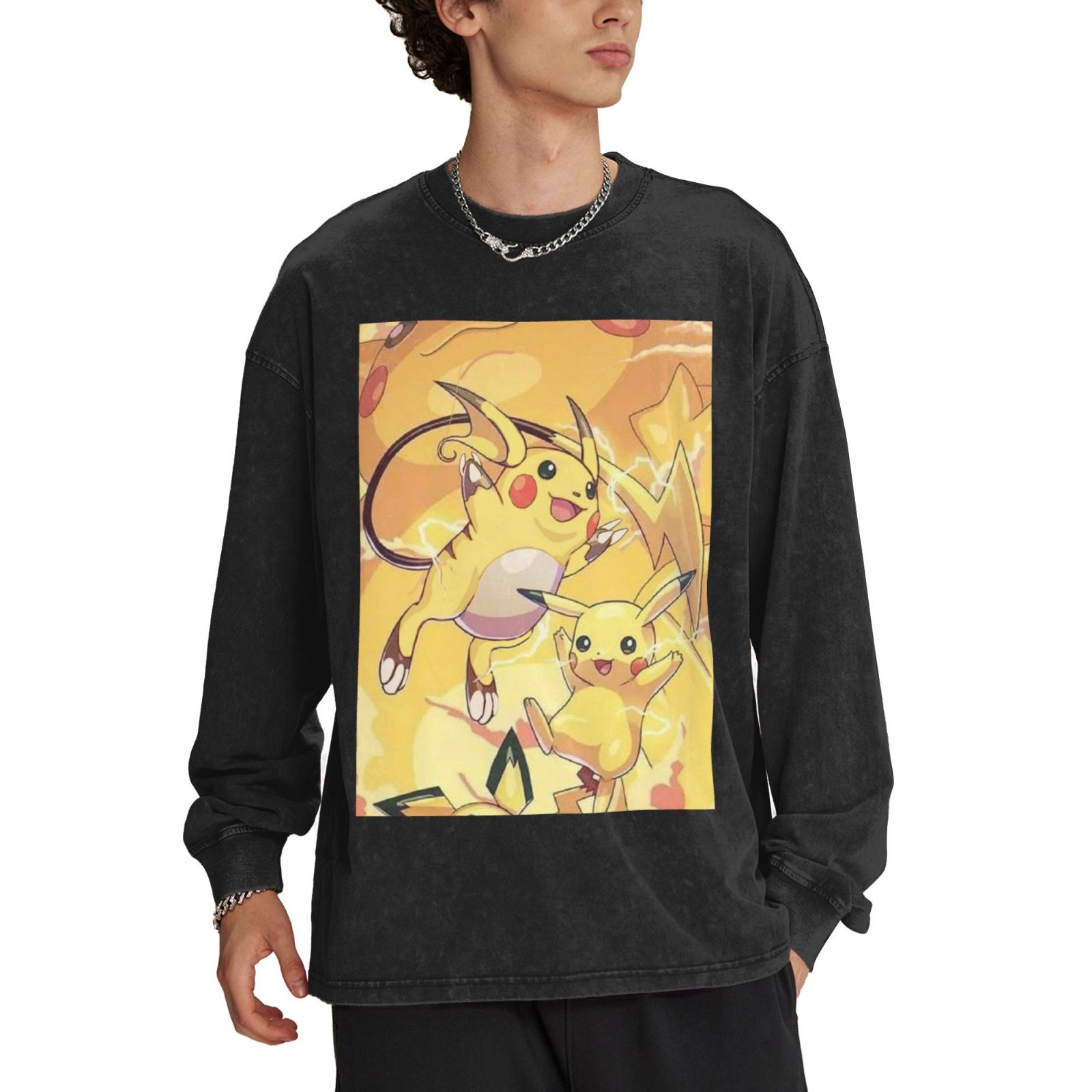 Pokémon-Pikachu & Raichu Long Sleeve Shirt Men's Heavy Weight Crew Neck ...