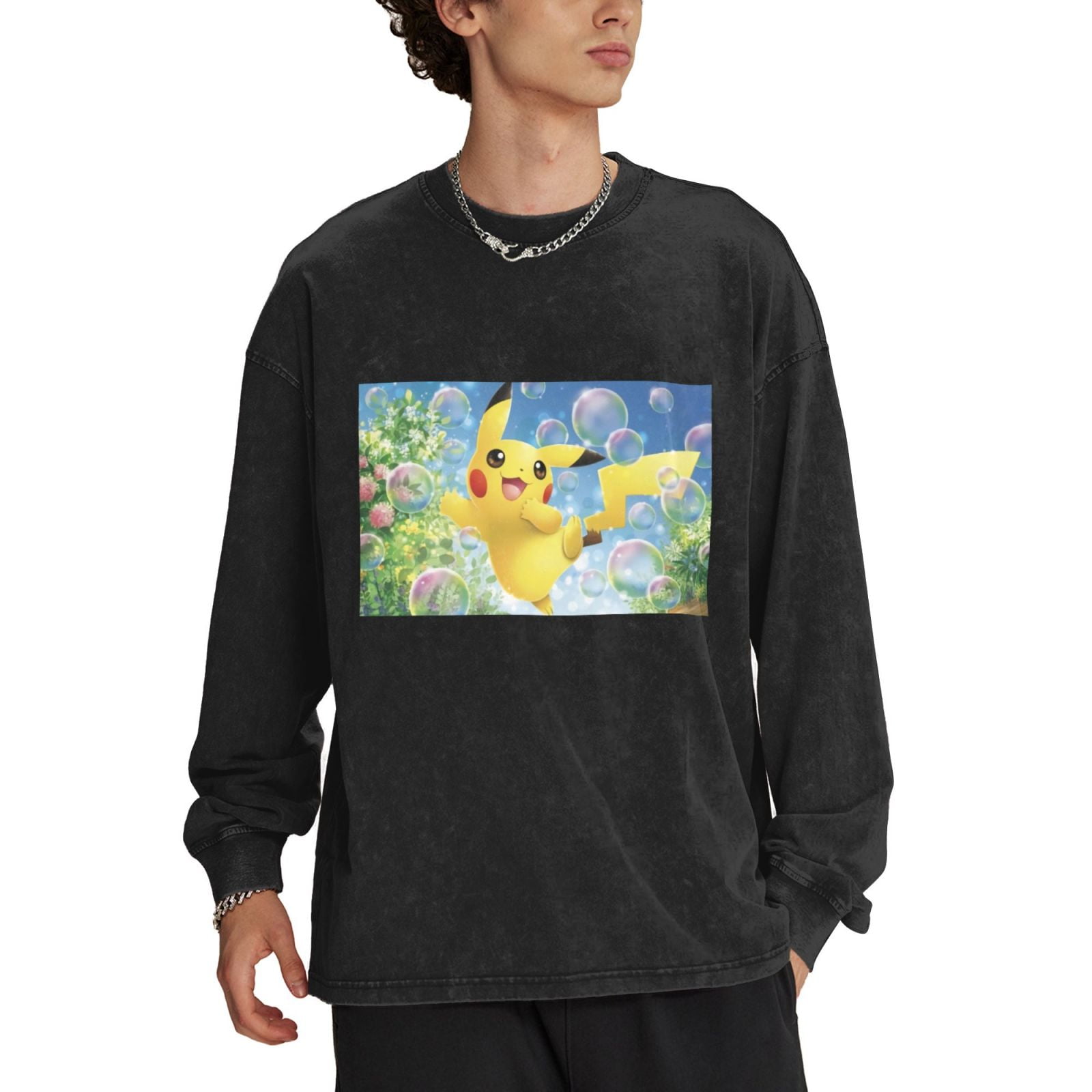 Pokémon Pikachu bubbles Long Sleeve Shirt Men's Heavy Weight Crew Neck ...