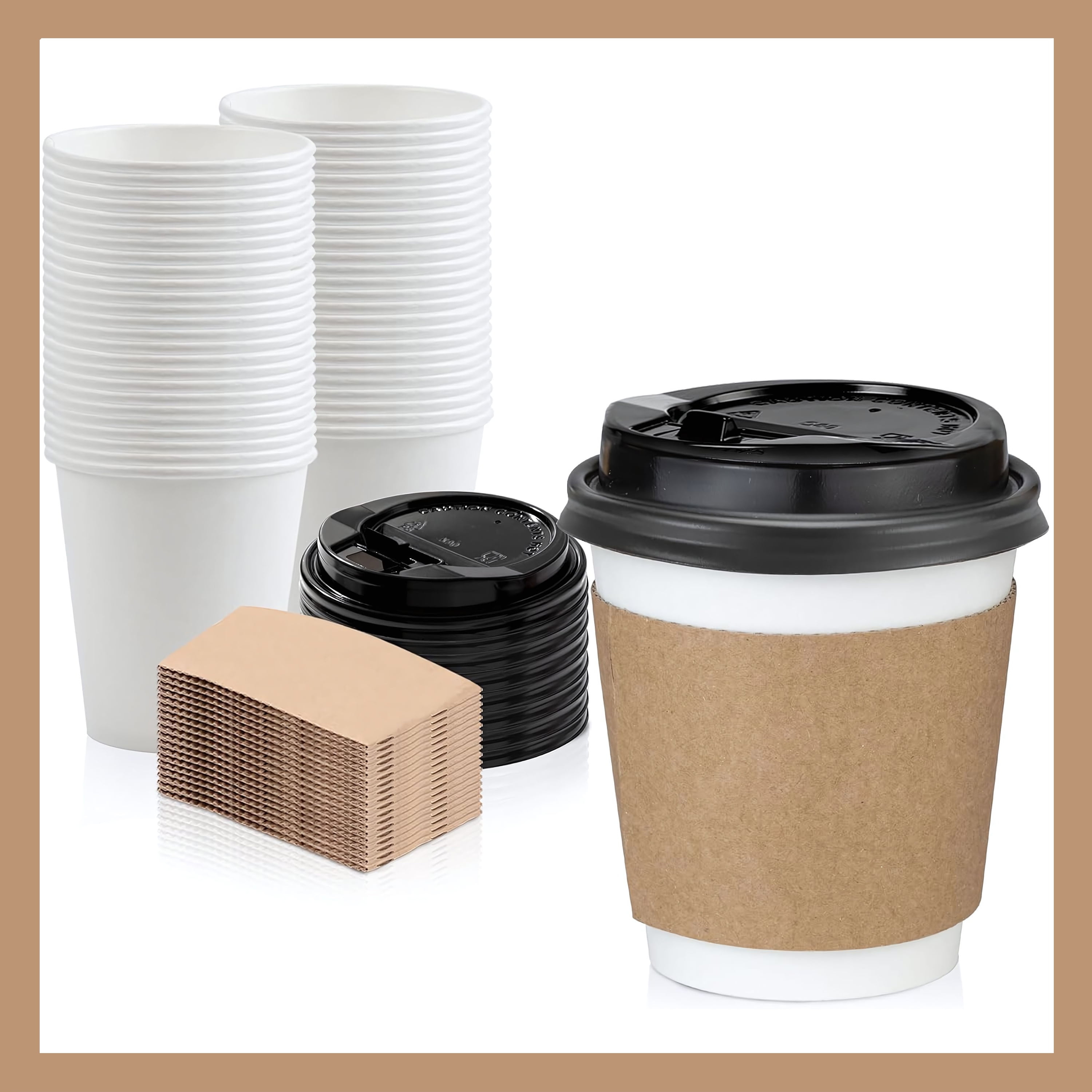 Pokanic, Paper White Cups, 25 Pack, 10 oz with Lids and Sleeves ...