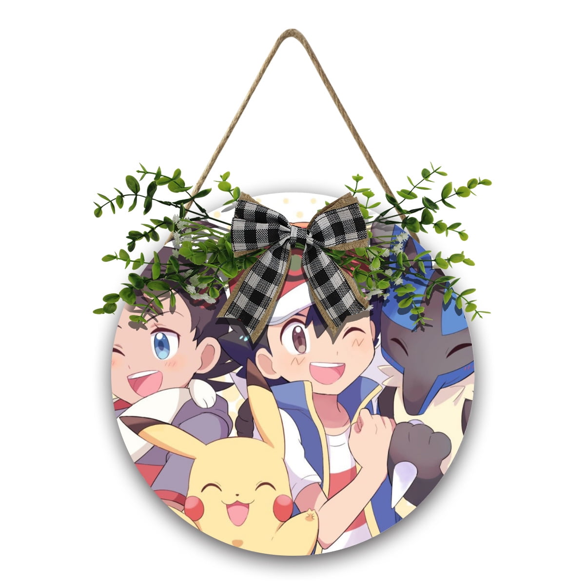Poke-mon Round wooden hanging board with decorative flowers and wooden ...