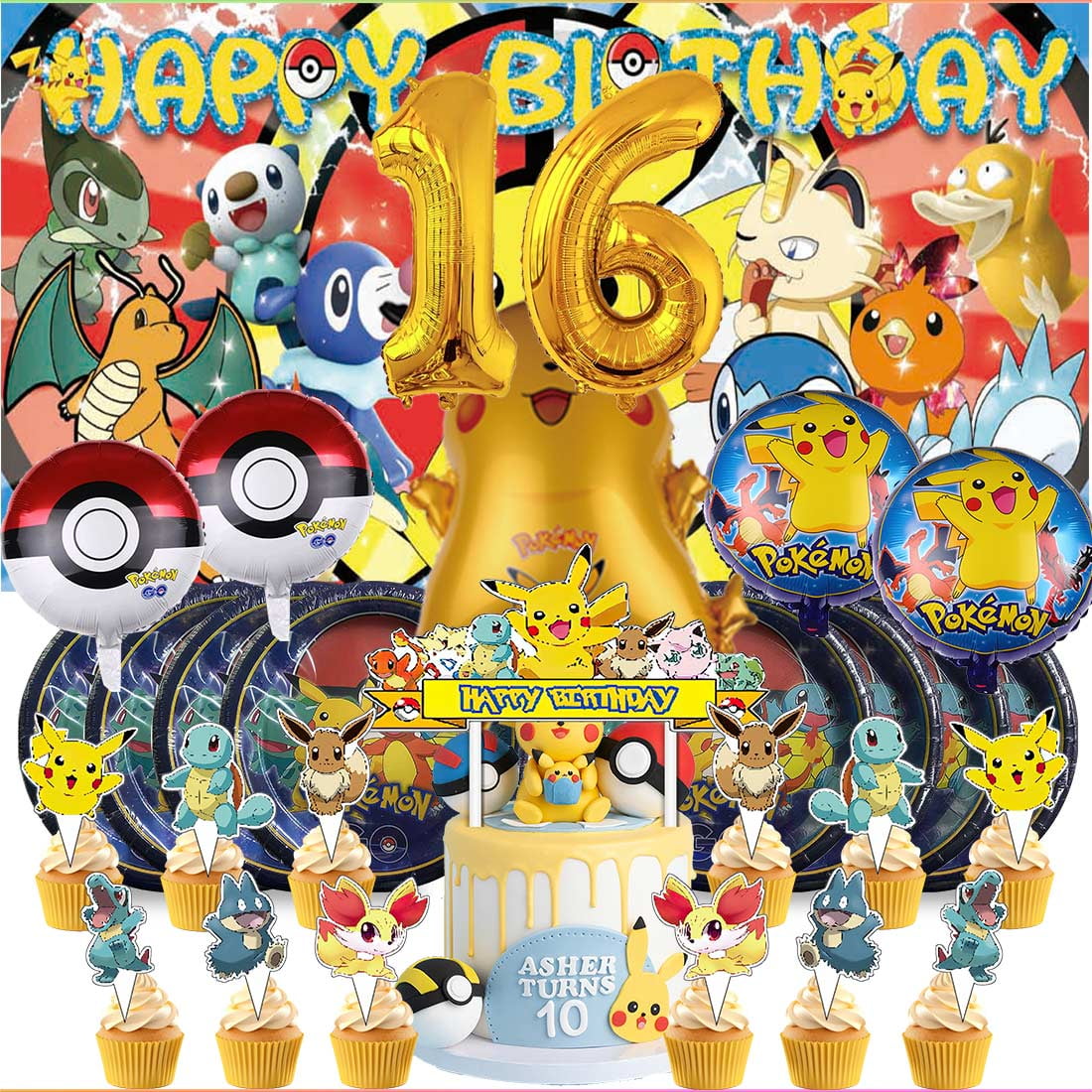 Pokemon 16th Tableware Balloons Cake Toppers Backdrop Banner Supplies ...