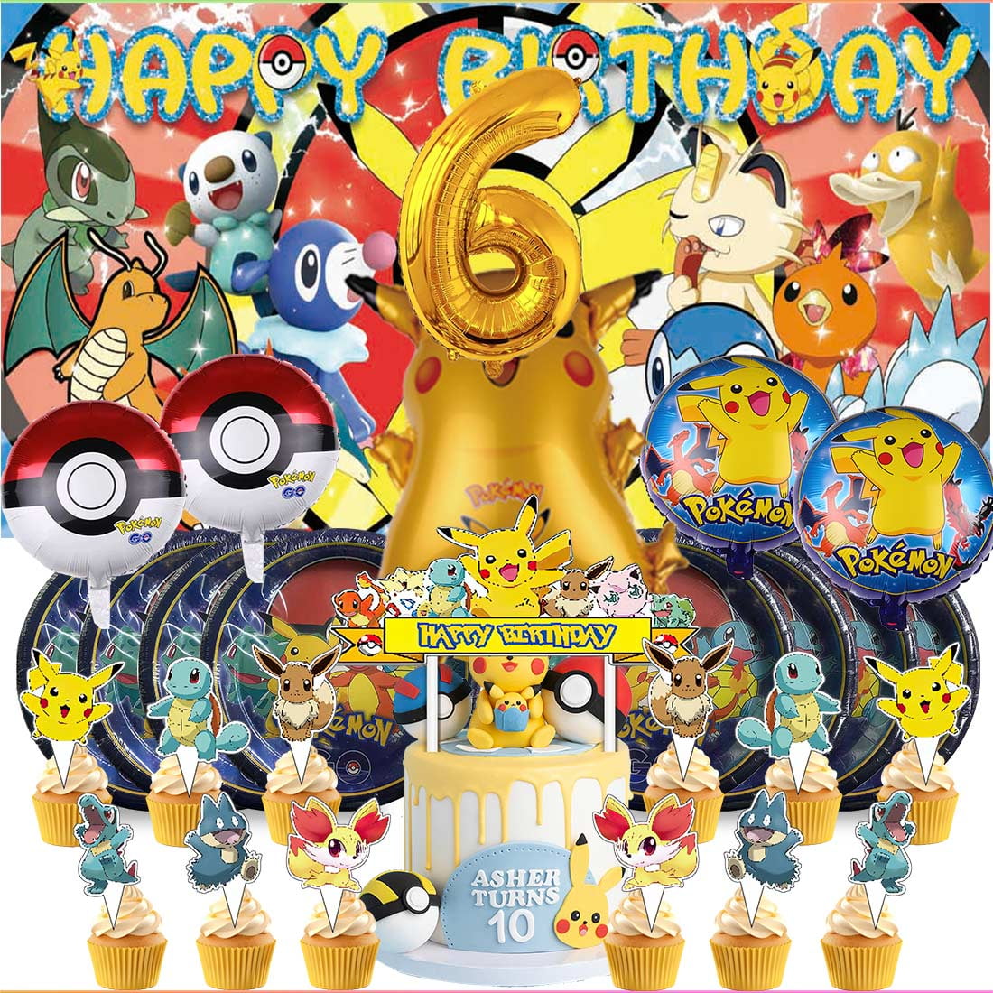 Pokemon 6th Tableware Balloons Cake Toppers Backdrop Banner Supplies ...