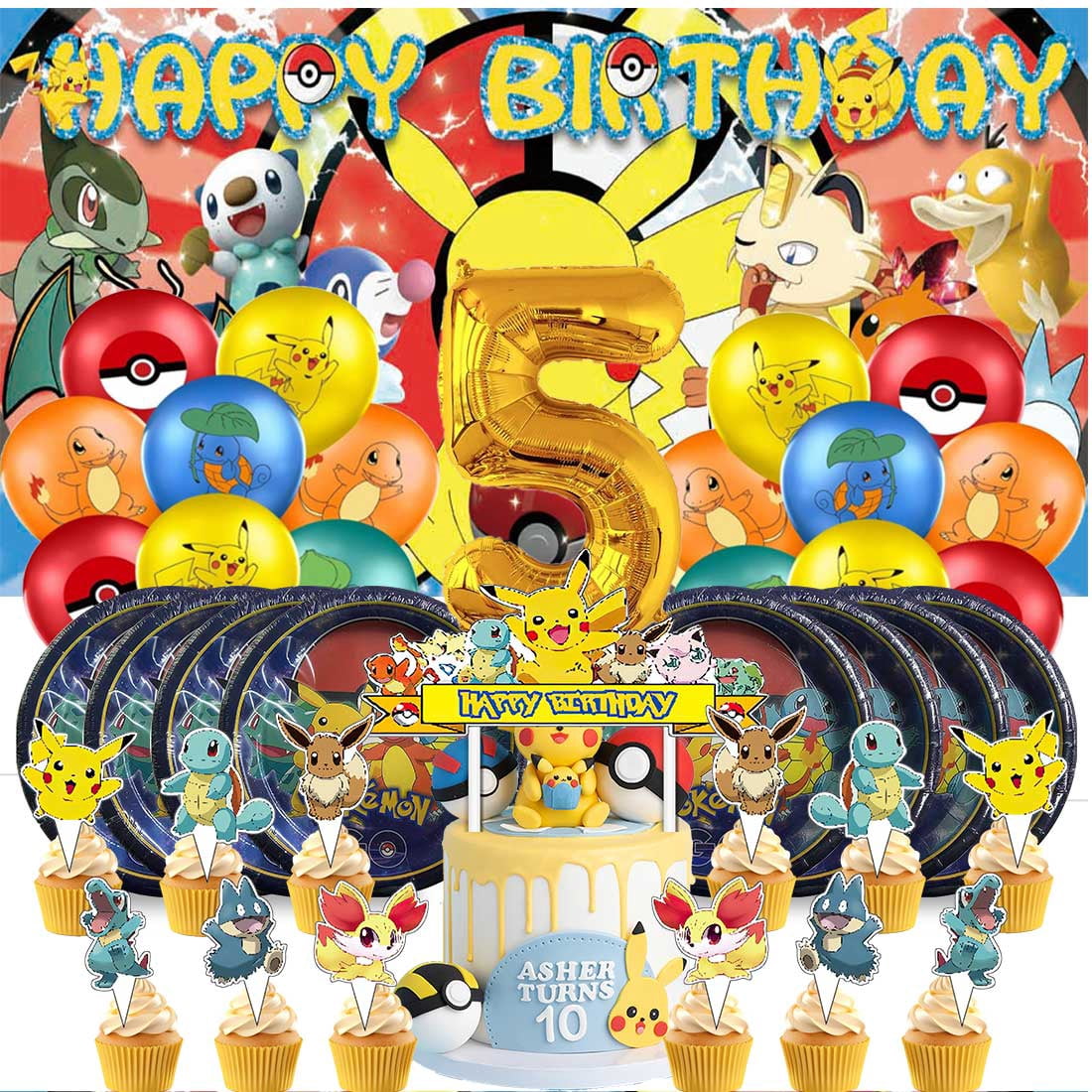 Pokemon Balloons Party Supplies 5th Decor Tableware Birthday Cake ...