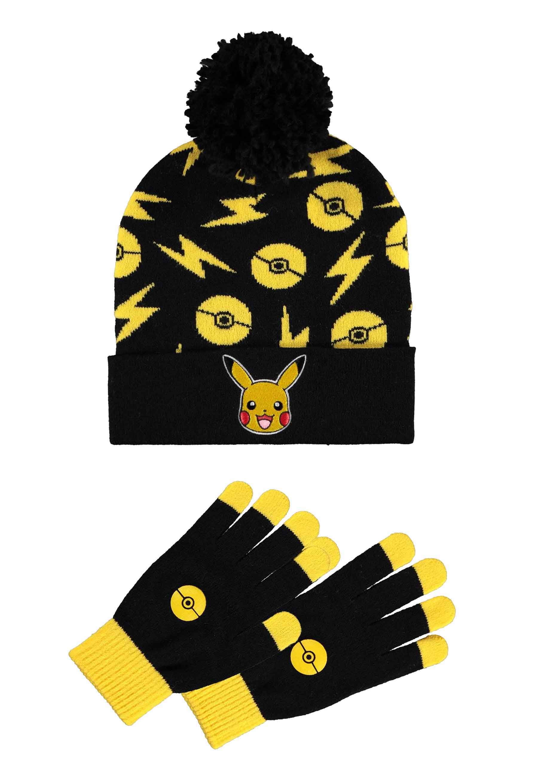 Pokemon Beanie and Knitted Gloves Pikachu print new Official Black Gift ...