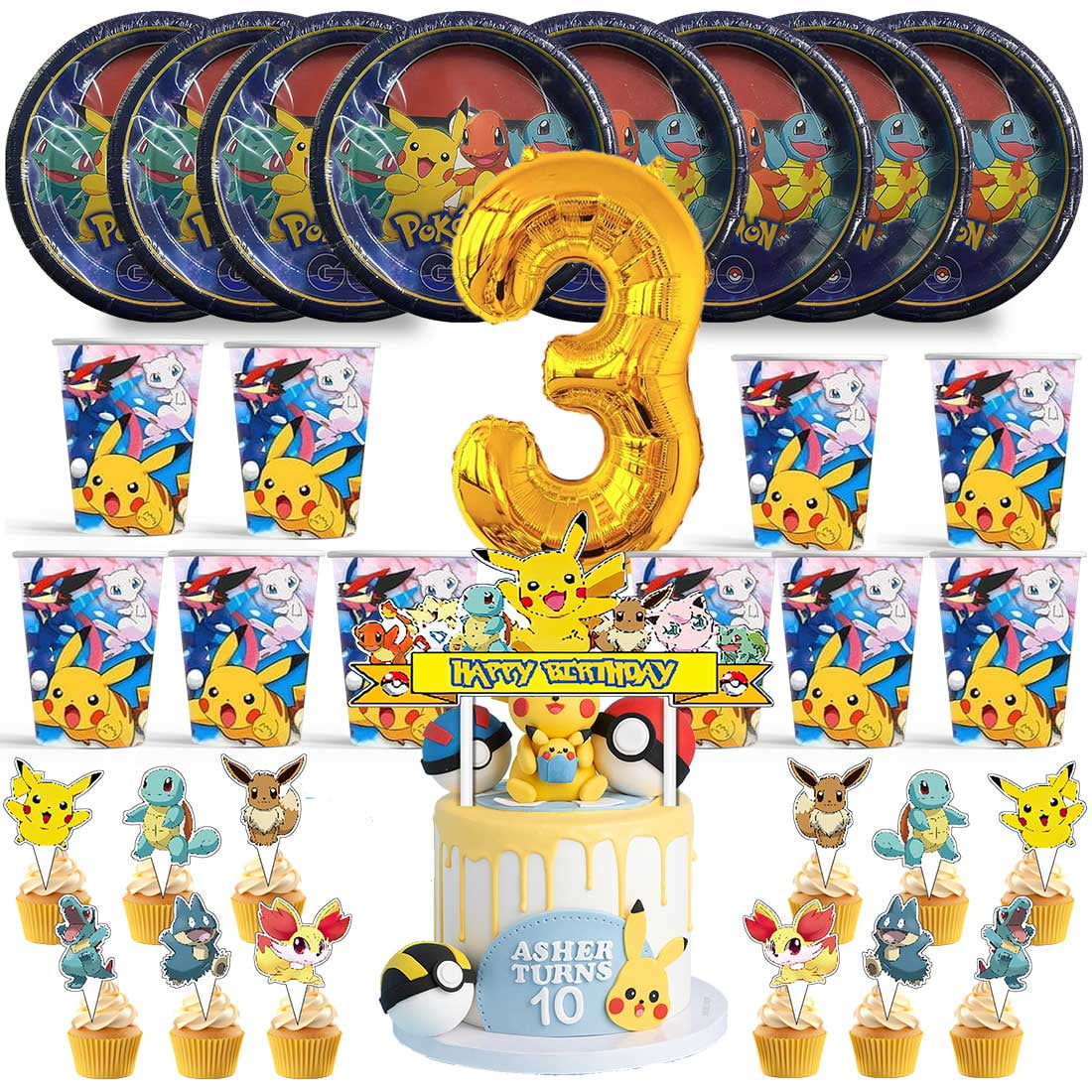 Pokemon Birthday 3rd Cups Party Supplies Plates Fans Decorations Cake ...