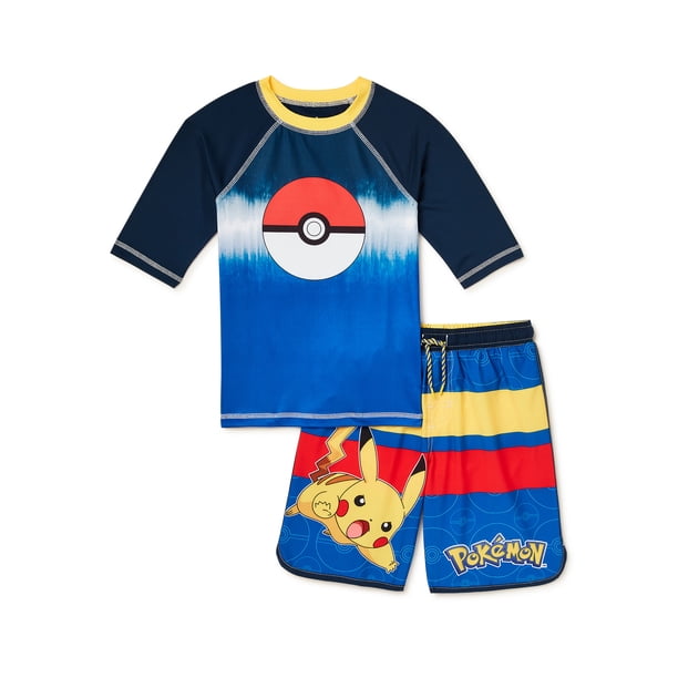 Pokemon Boys Short Sleeve Rashguard & 4 Way Stretch Swim Trunks, 2 ...