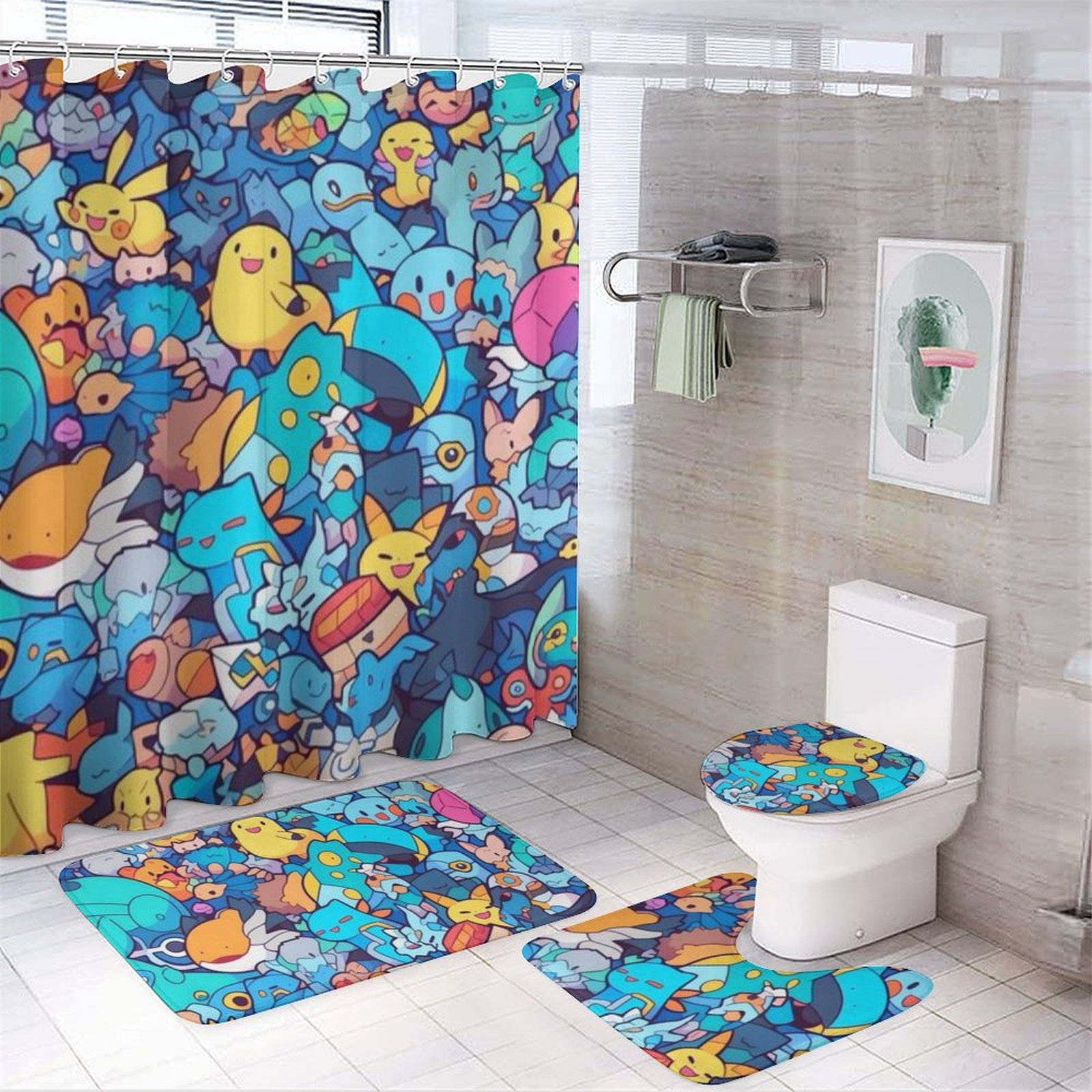 Pokemon Cartoon Shower Curtain Set for Bathroom 4 Piece Bathroom ...