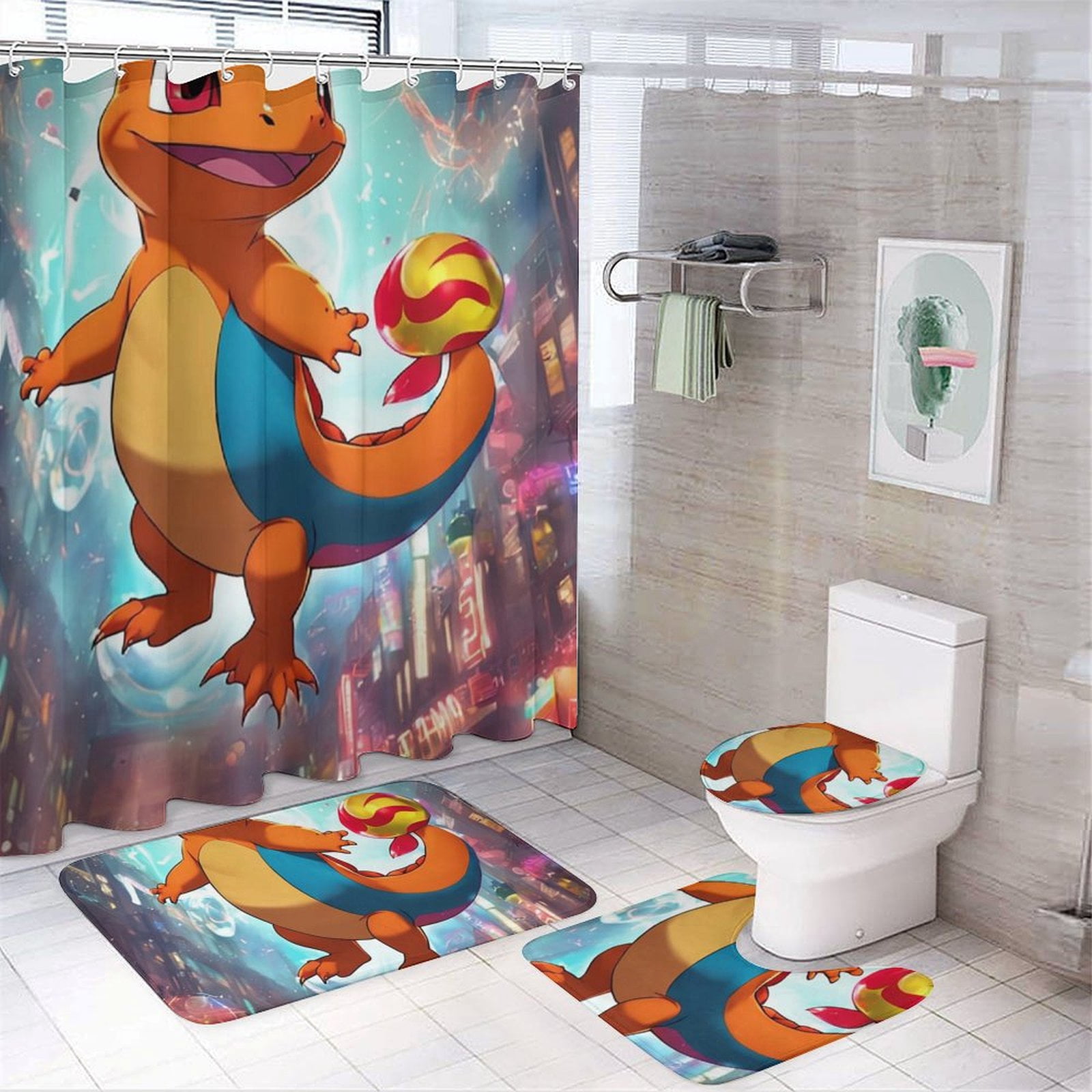 Pokemon Charizard Cartoon Shower Curtain Set for Bathroom 4 Piece ...
