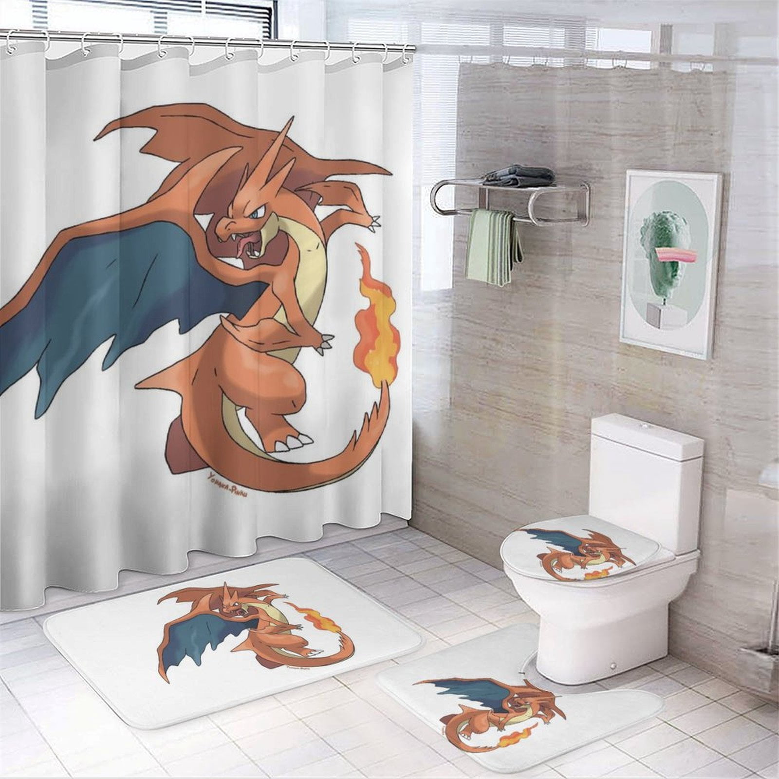 Pokemon Charizard Cartoon Shower Curtain Set for Bathroom 4 Piece ...