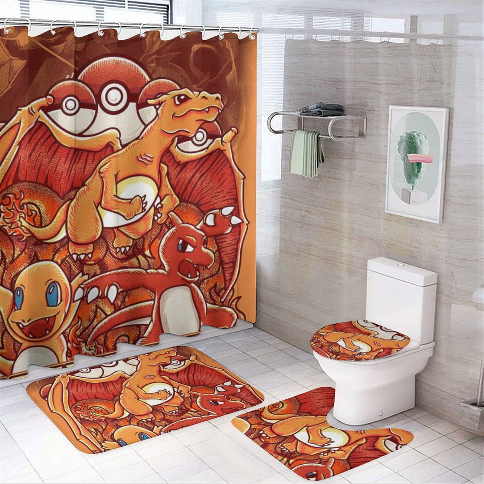 Pokemon Charizard Cartoon Shower Curtain Set for Bathroom 4 Piece ...