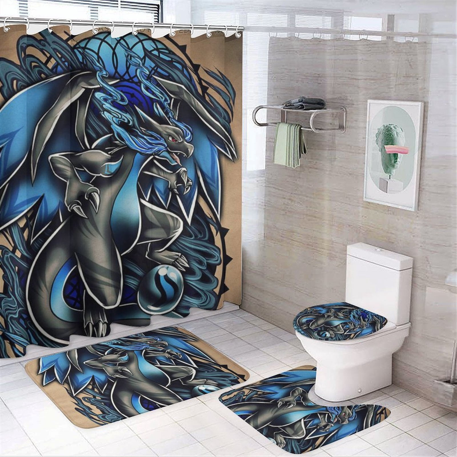 Pokemon Charizard Cartoon Shower Curtain Set for Bathroom 4 Piece ...