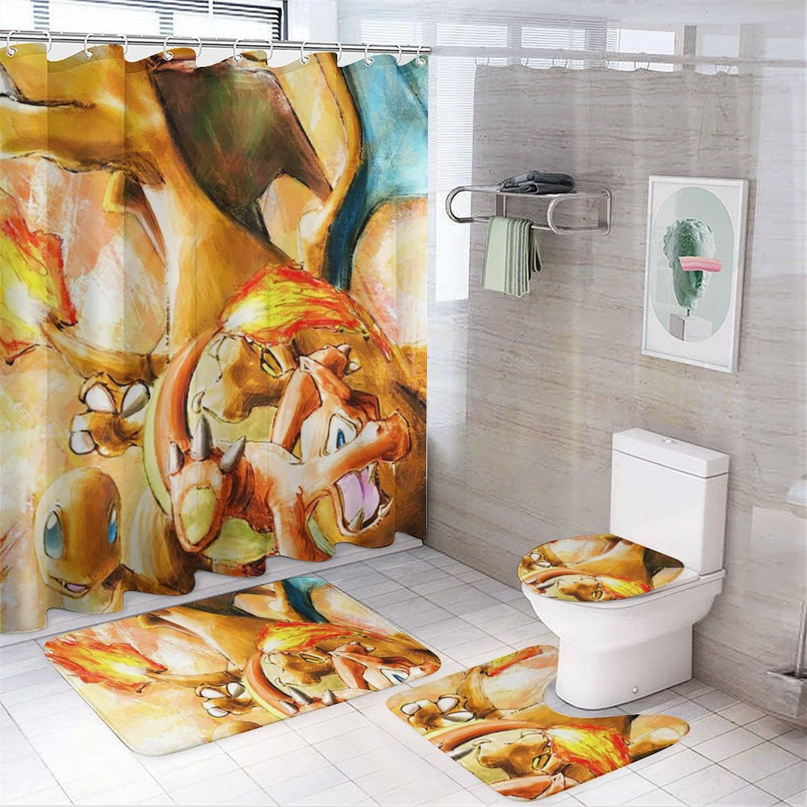 Pokemon Charizard Cartoon Shower Curtain Set for Bathroom 4 Piece ...