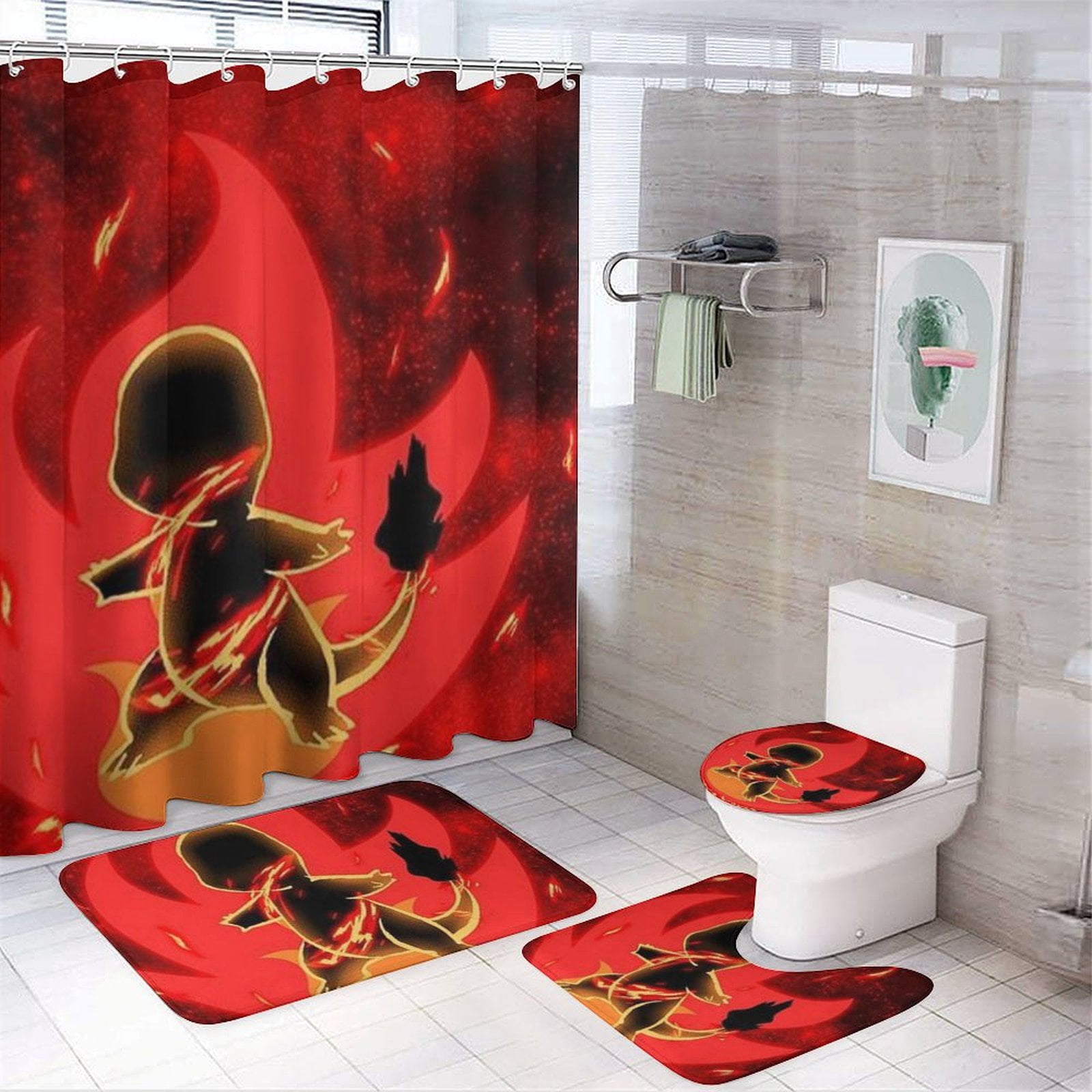 Pokemon Charizard Cartoon Shower Curtain Set for Bathroom 4 Piece ...