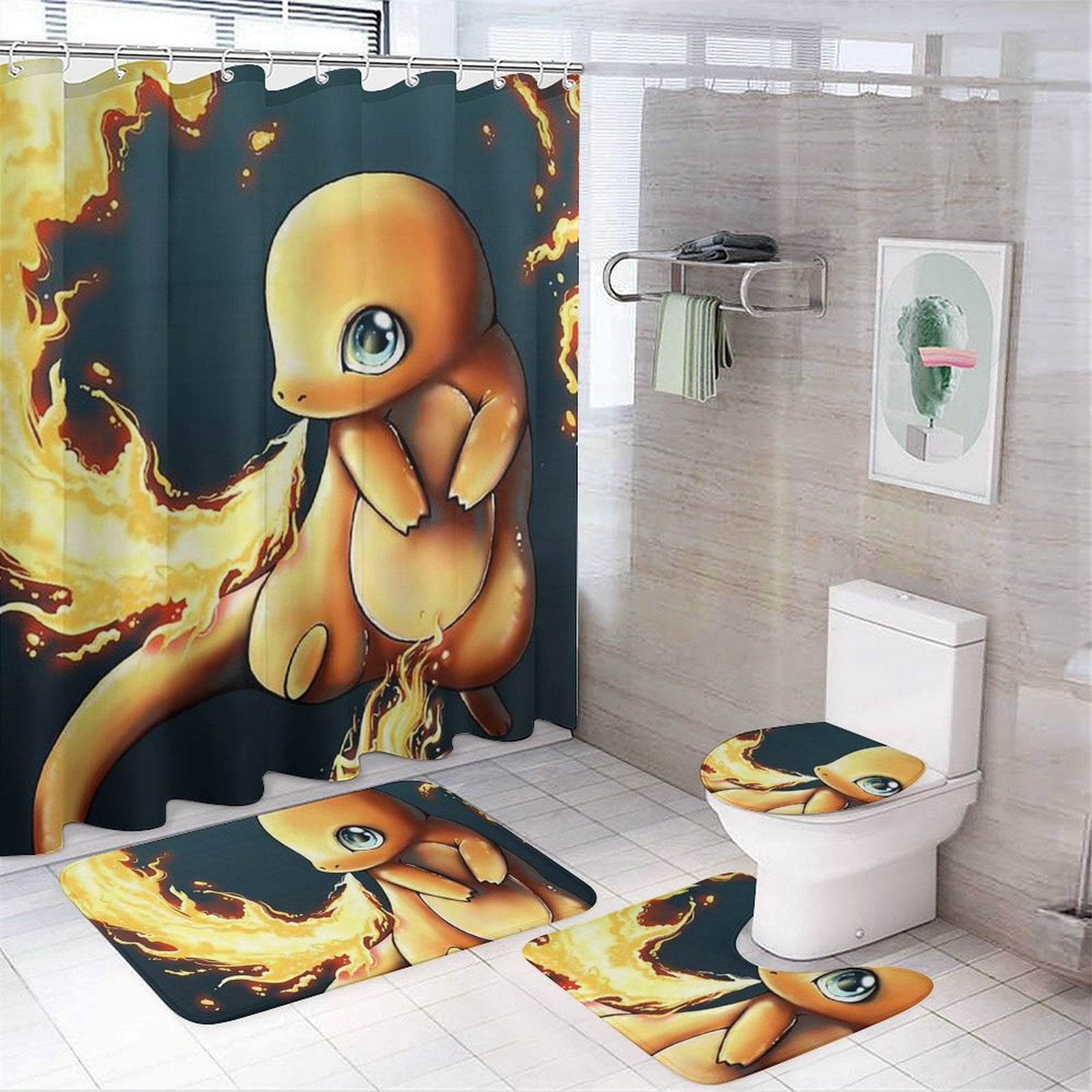 Pokemon_Charmander Cartoon Shower Curtain Set for Bathroom 4 Piece ...