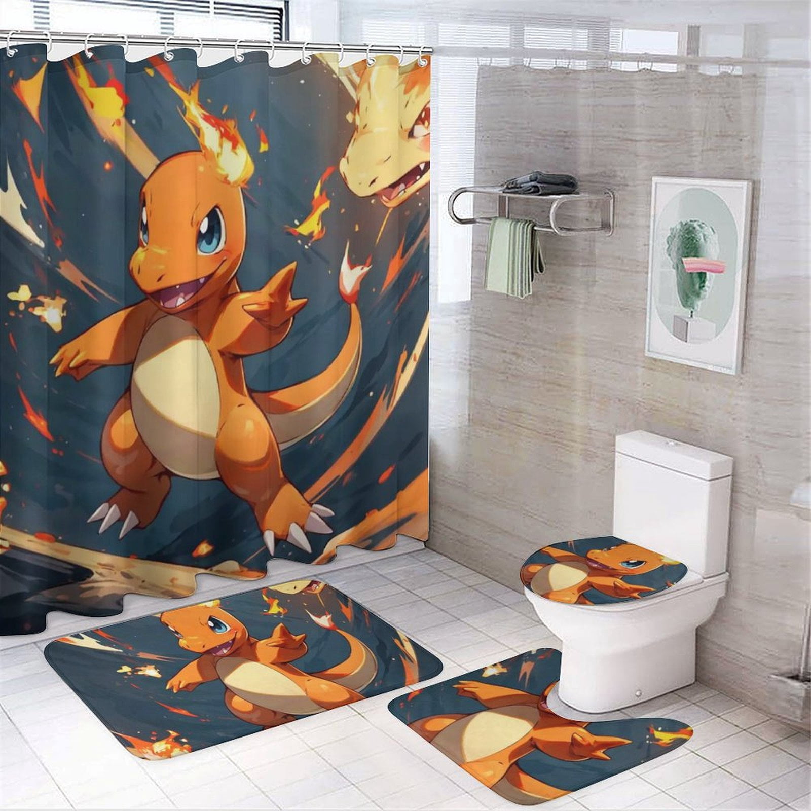 Pokemon_Charmander Cartoon Shower Curtain Set for Bathroom 4 Piece ...