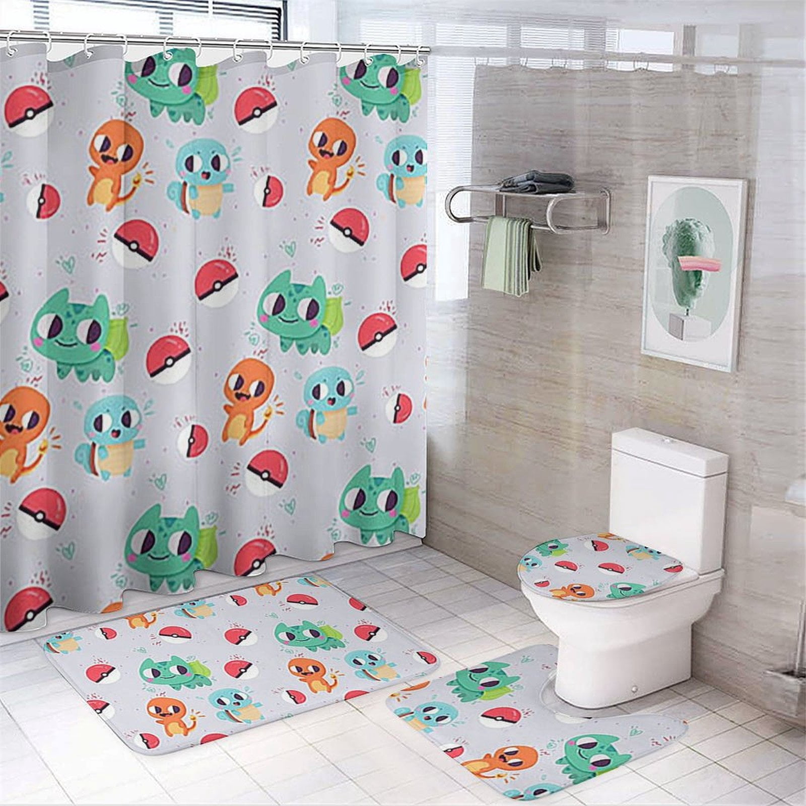 Pokemon_Charmander Cartoon Shower Curtain Set for Bathroom 4 Piece ...
