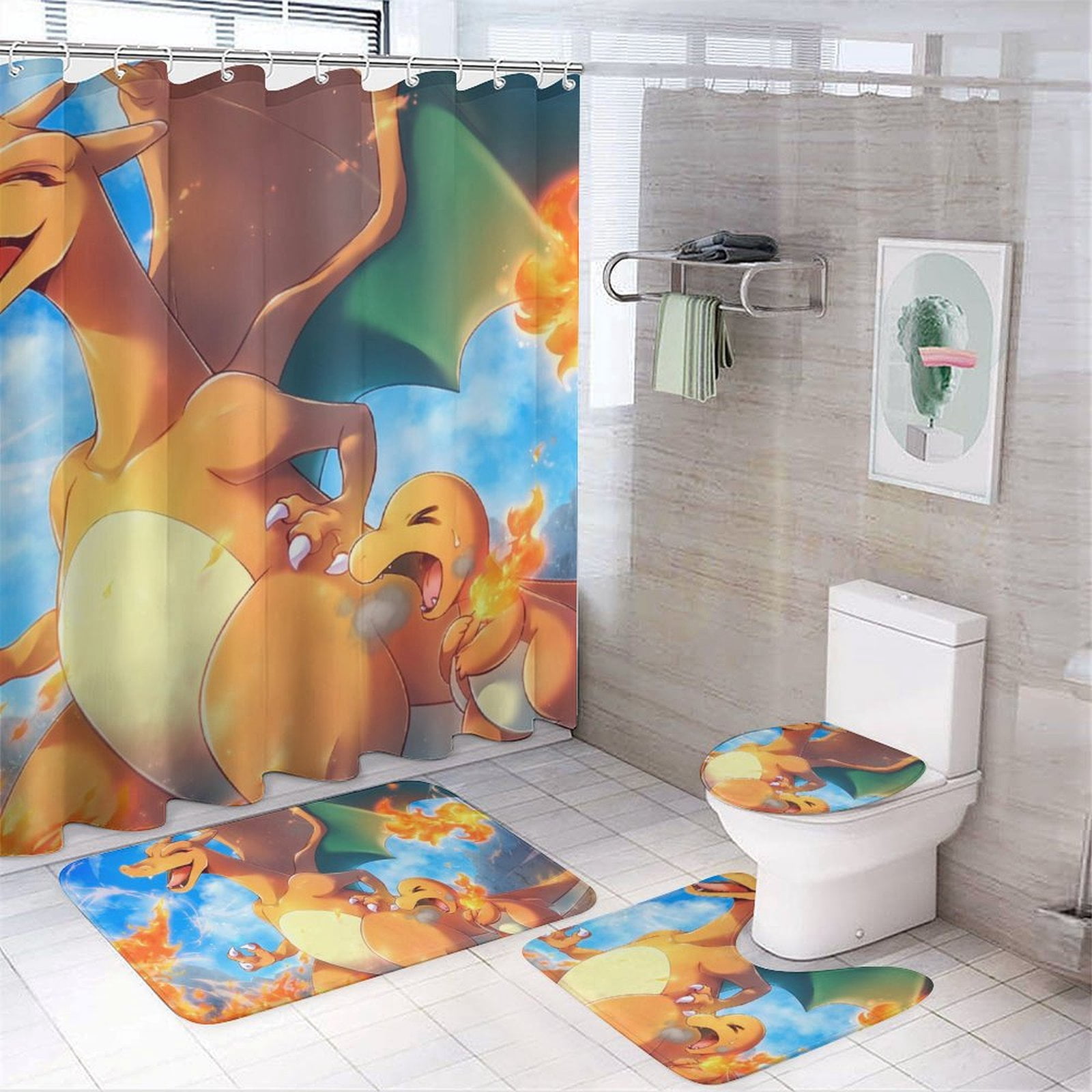 Pokemon_Charmander Cartoon Shower Curtain Set for Bathroom 4 Piece ...