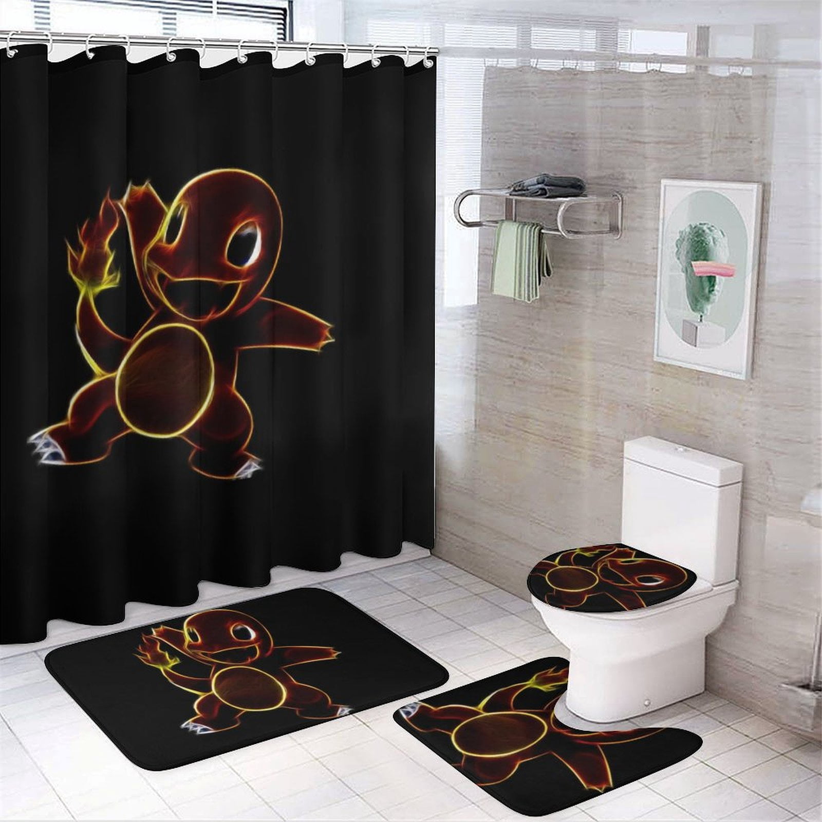 Pokemon_Charmander Cartoon Shower Curtain Set for Bathroom 4 Piece ...