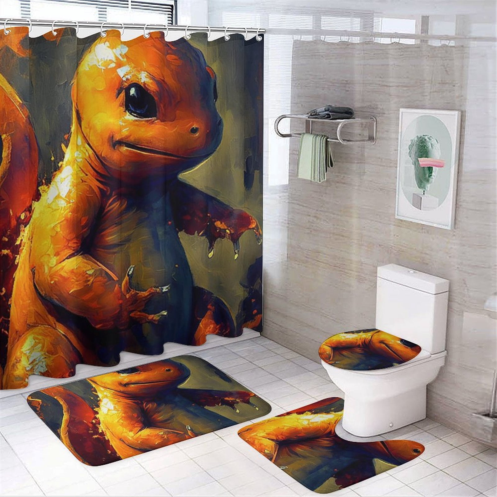 Pokemon_Charmander Cartoon Shower Curtain Set for Bathroom 4 Piece ...