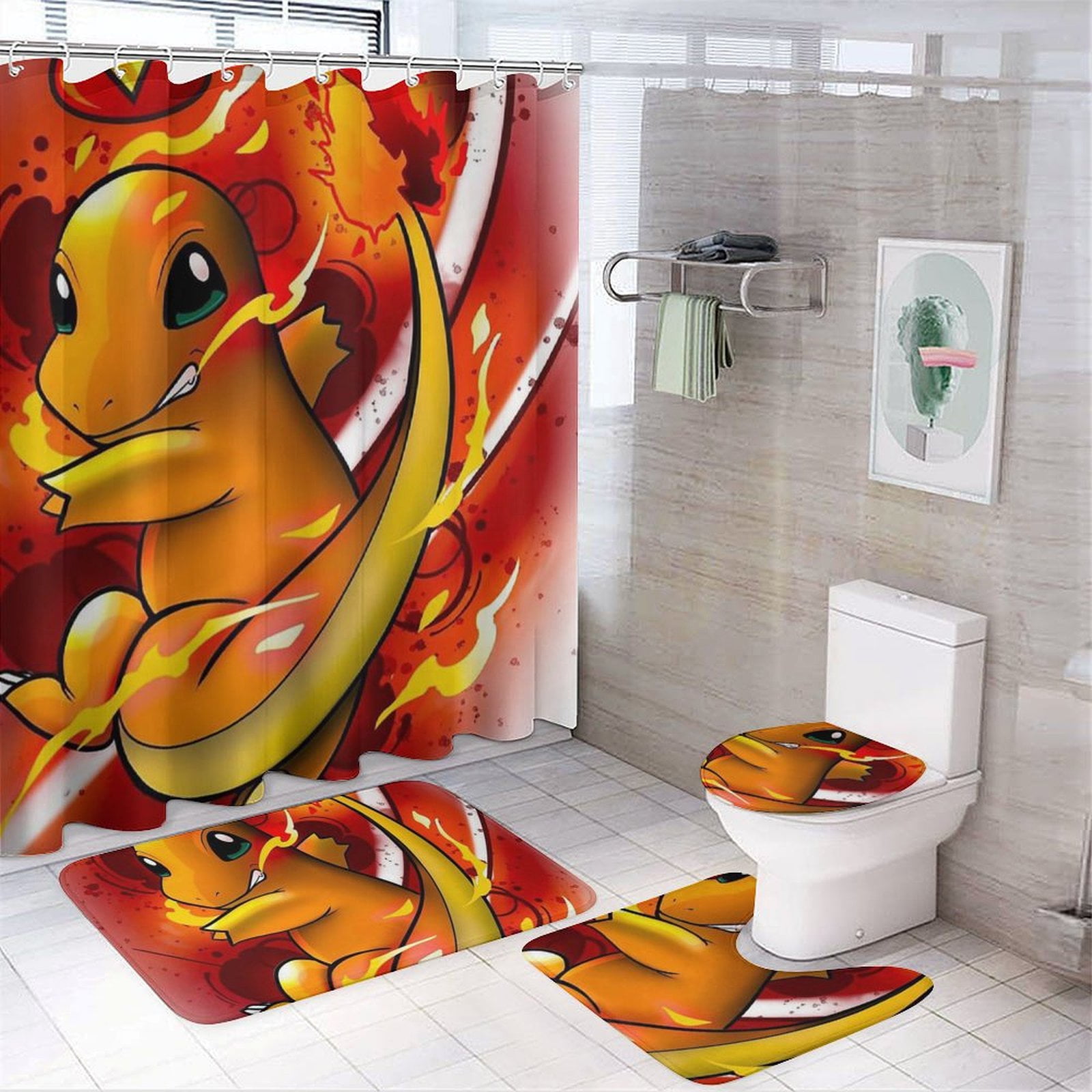 Pokemon_Charmander Cartoon Shower Curtain Set for Bathroom 4 Piece ...
