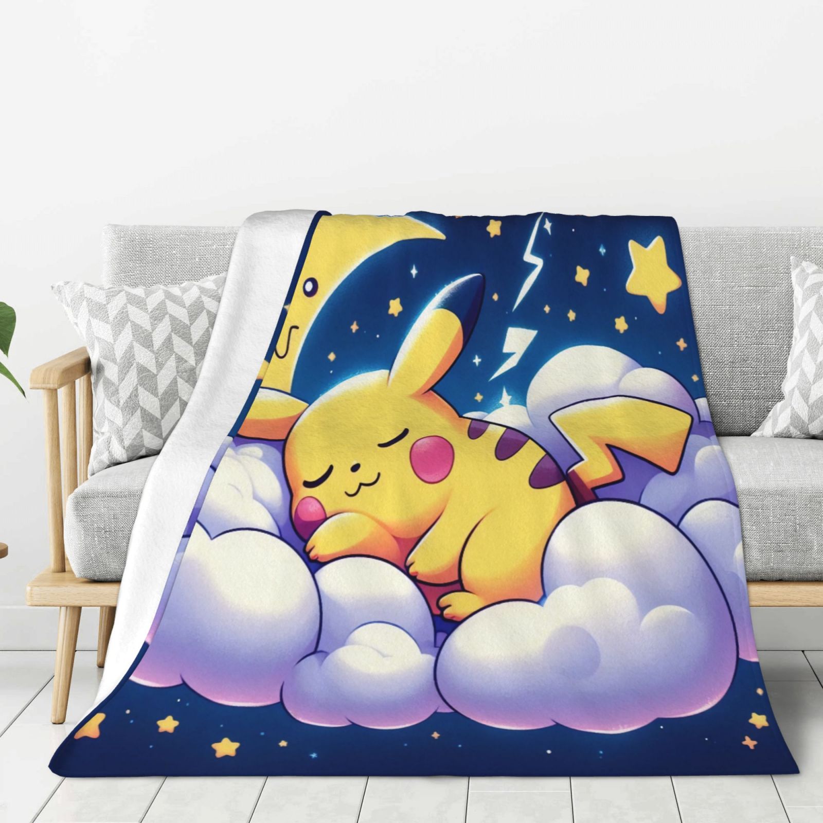 Pokemon Dreamy Pikachu Sleeping on Cloud Crescent Moon Starry Sky Throw ...