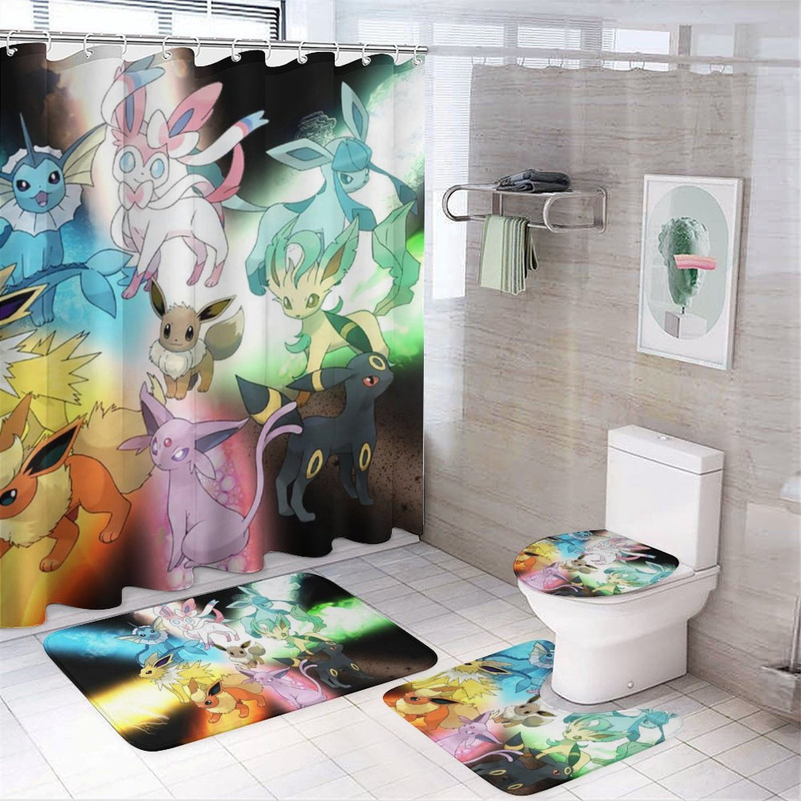 Pokemon_Eevee Cartoon Shower Curtain Set for Bathroom 4 Piece Bathroom ...