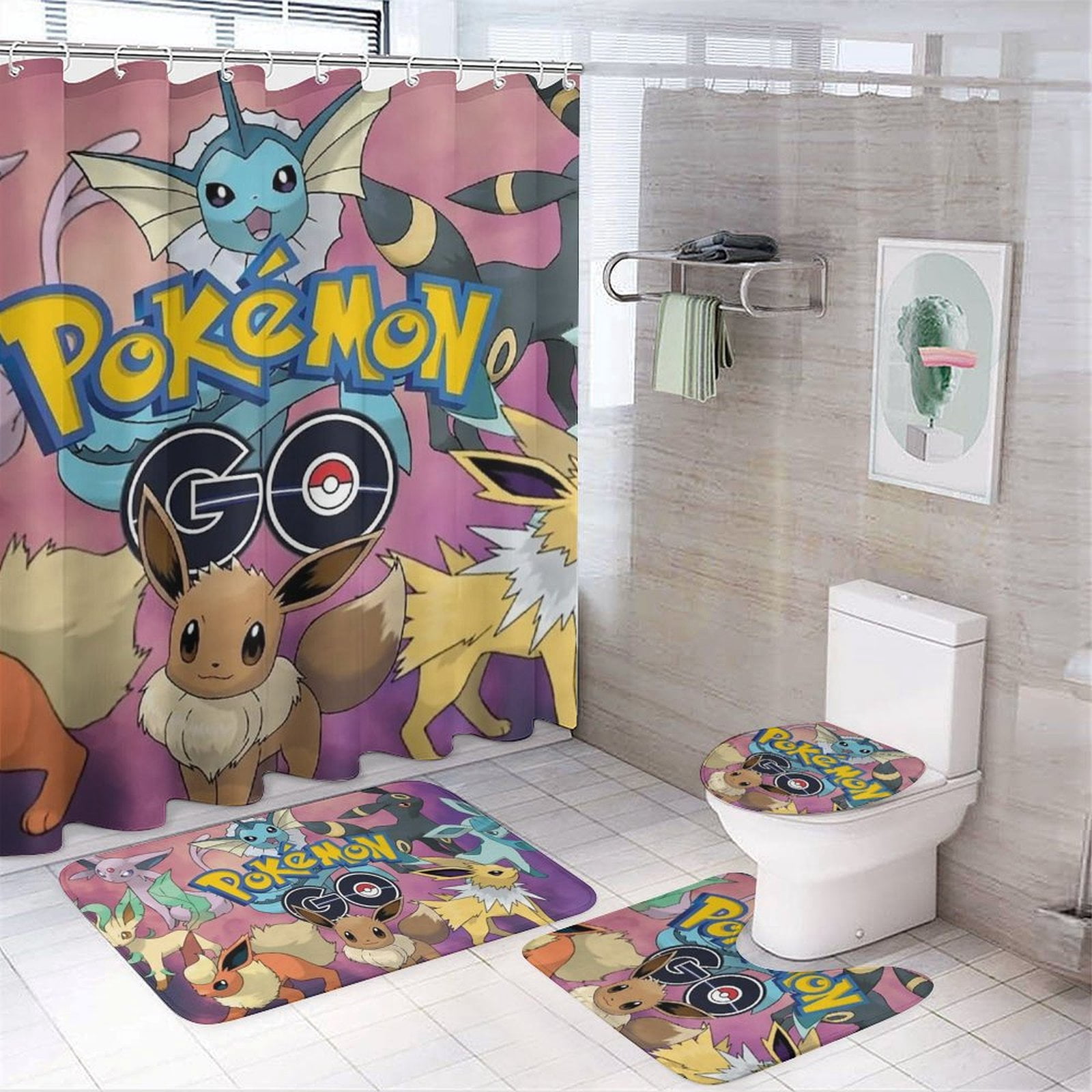 Pokemon_Eevee Cartoon Shower Curtain Set for Bathroom 4 Piece Bathroom ...