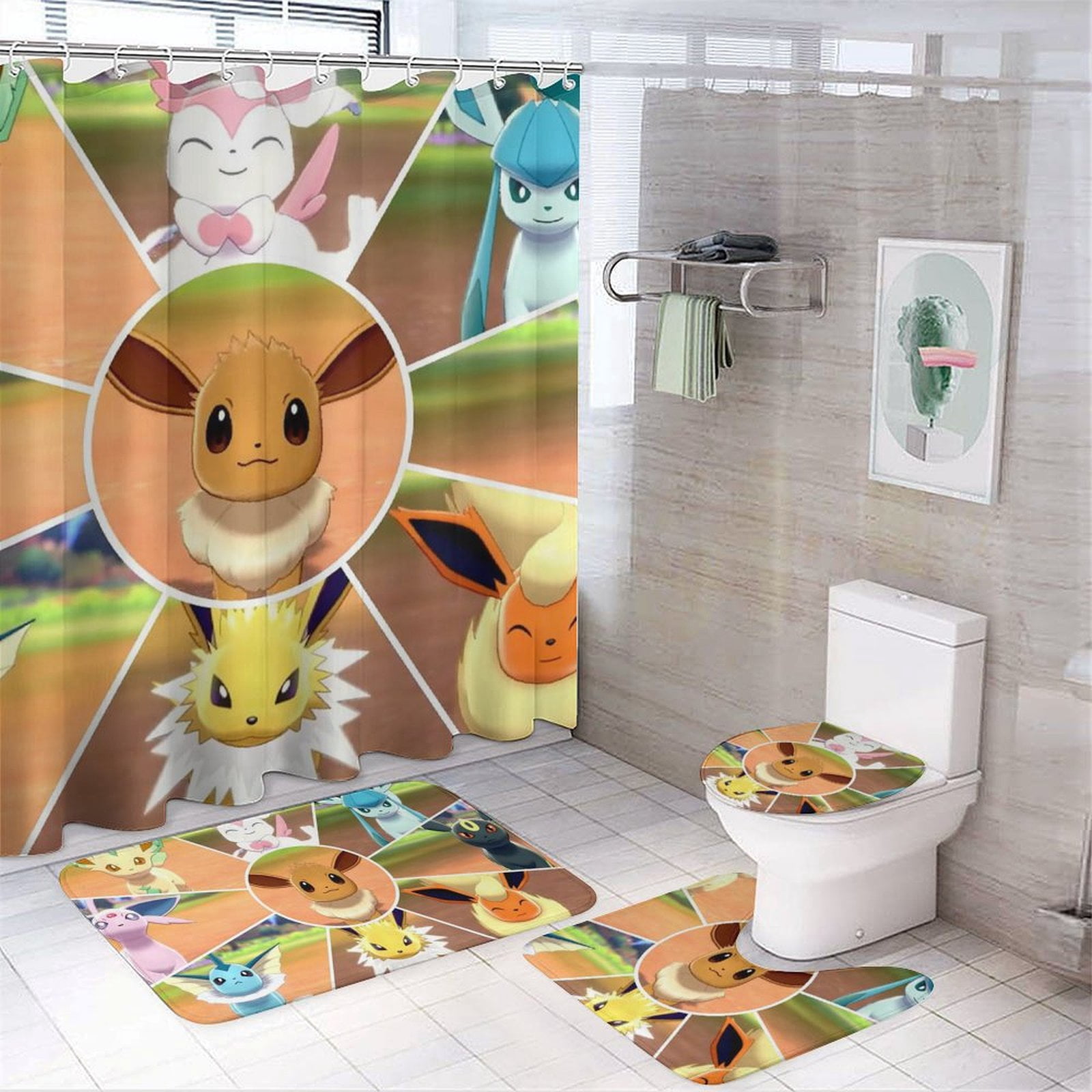 Pokemon_Eevee Cartoon Shower Curtain Set for Bathroom 4 Piece Bathroom ...