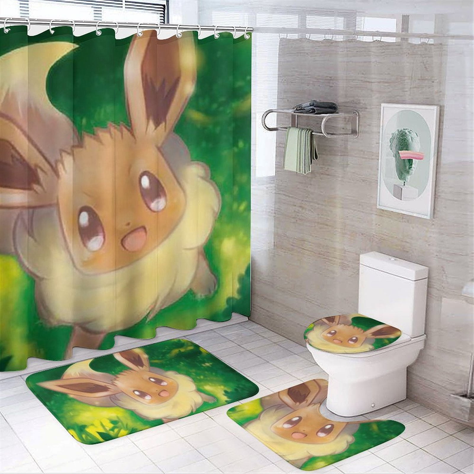 Pokemon_Eevee Cartoon Shower Curtain Set for Bathroom 4 Piece Bathroom ...