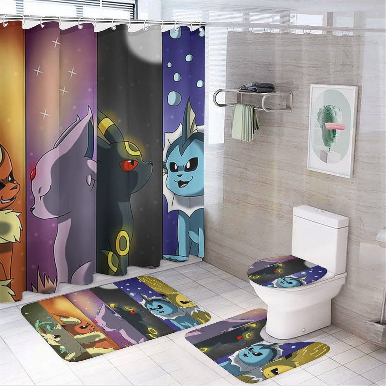 Pokemon_Eevee Cartoon Shower Curtain Set for Bathroom 4 Piece Bathroom ...