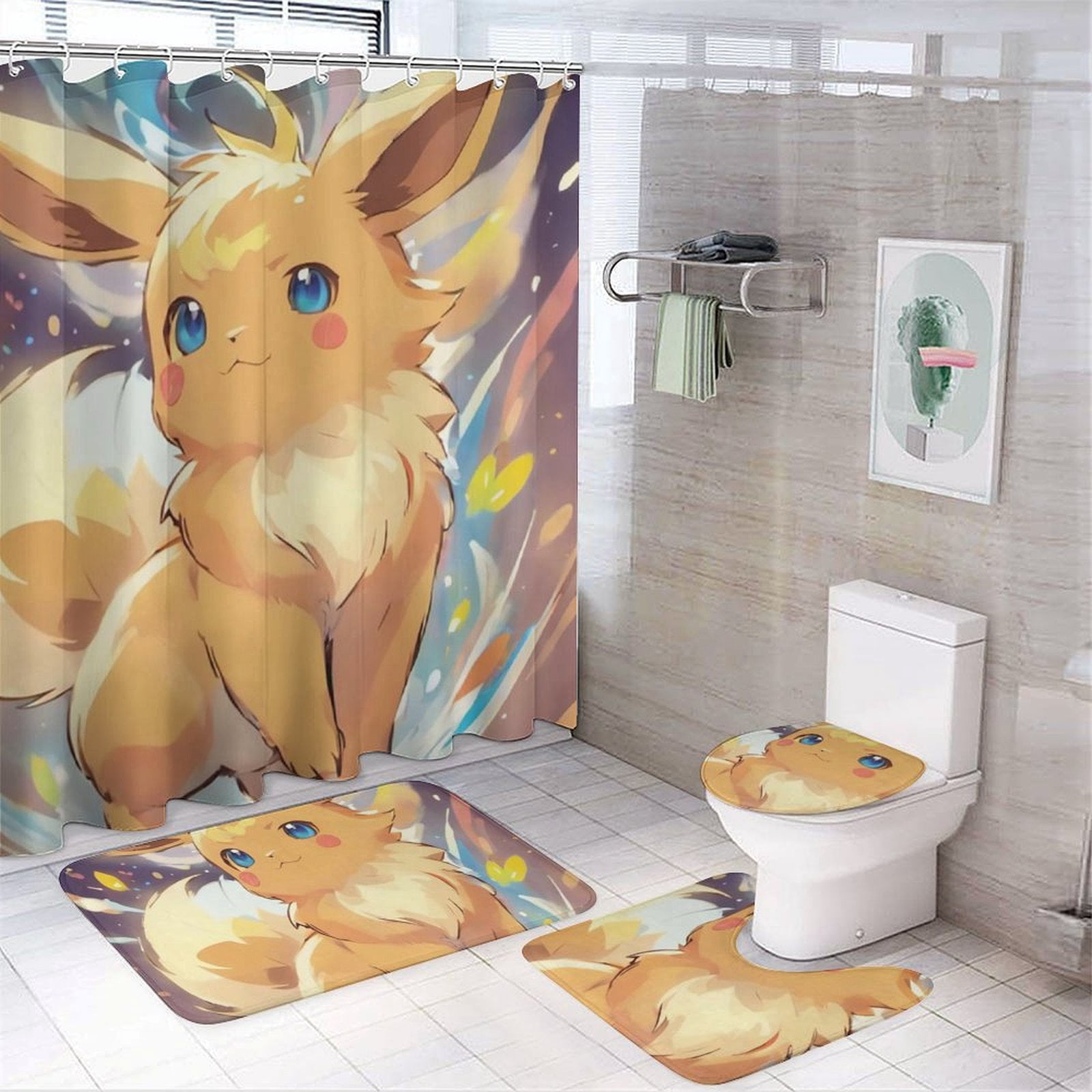 Pokemon_Eevee Cartoon Shower Curtain Set for Bathroom 4 Piece Bathroom ...
