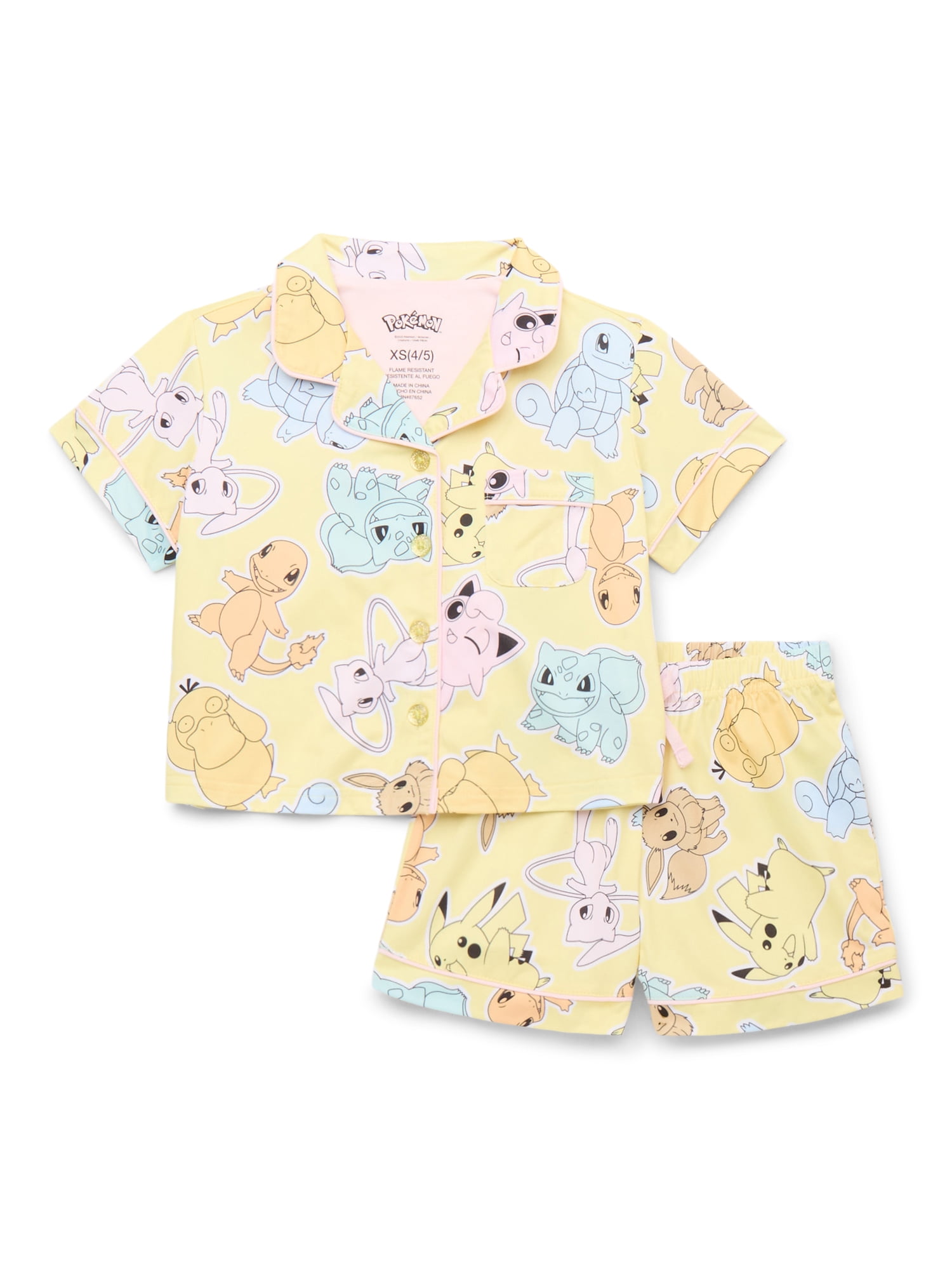 Pokemon Girls' Button Front Top and Shorts Pajama Set, 2-Piece, Sizes 4 ...