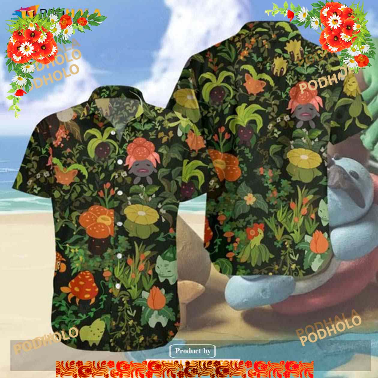 Pokemon Grass Type Pokemons Flower Green Aloha Funny Hawaiian Shirt ...