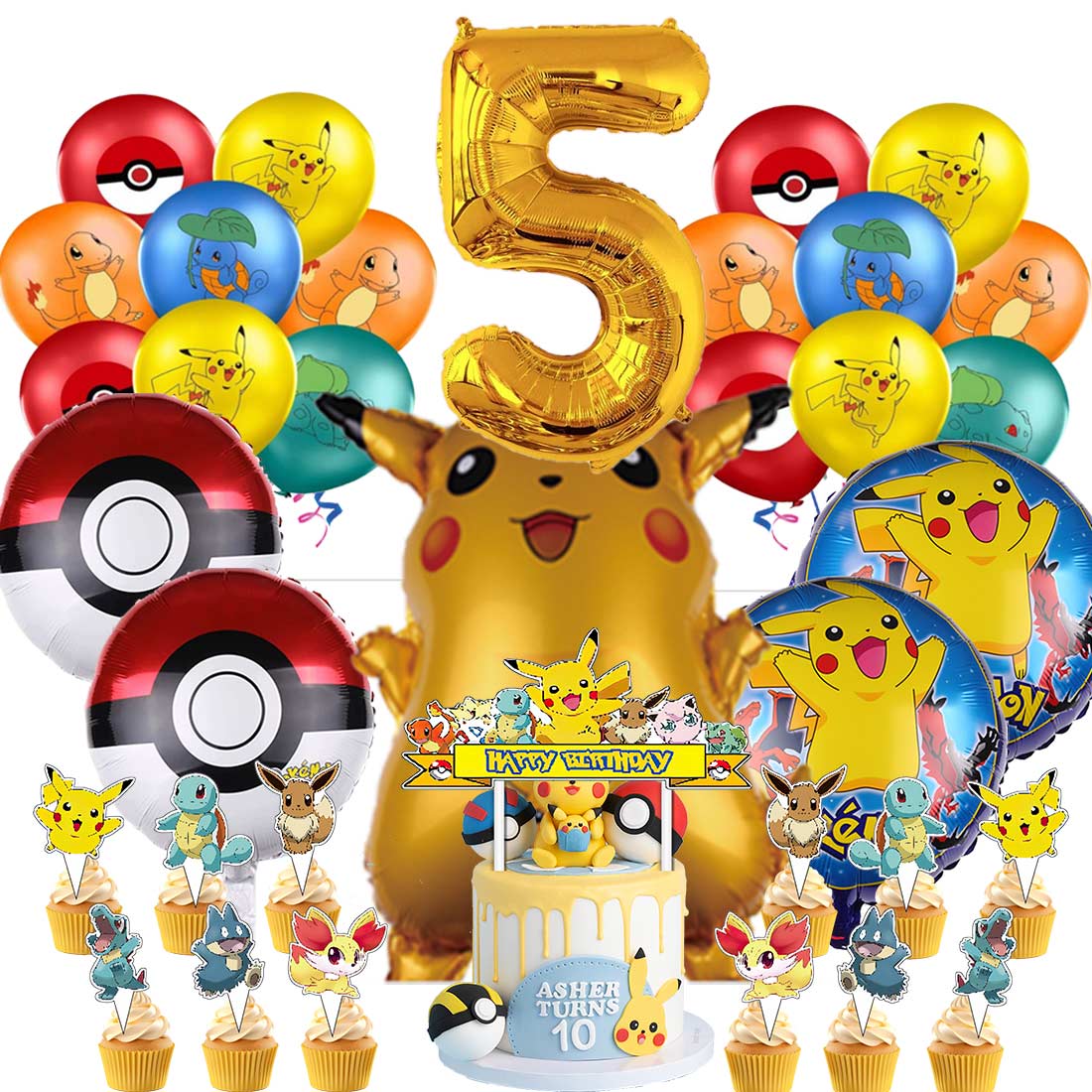 Pokemon Party Supplies 5th Decor Kit Balloons Birthday Cake Topper ...